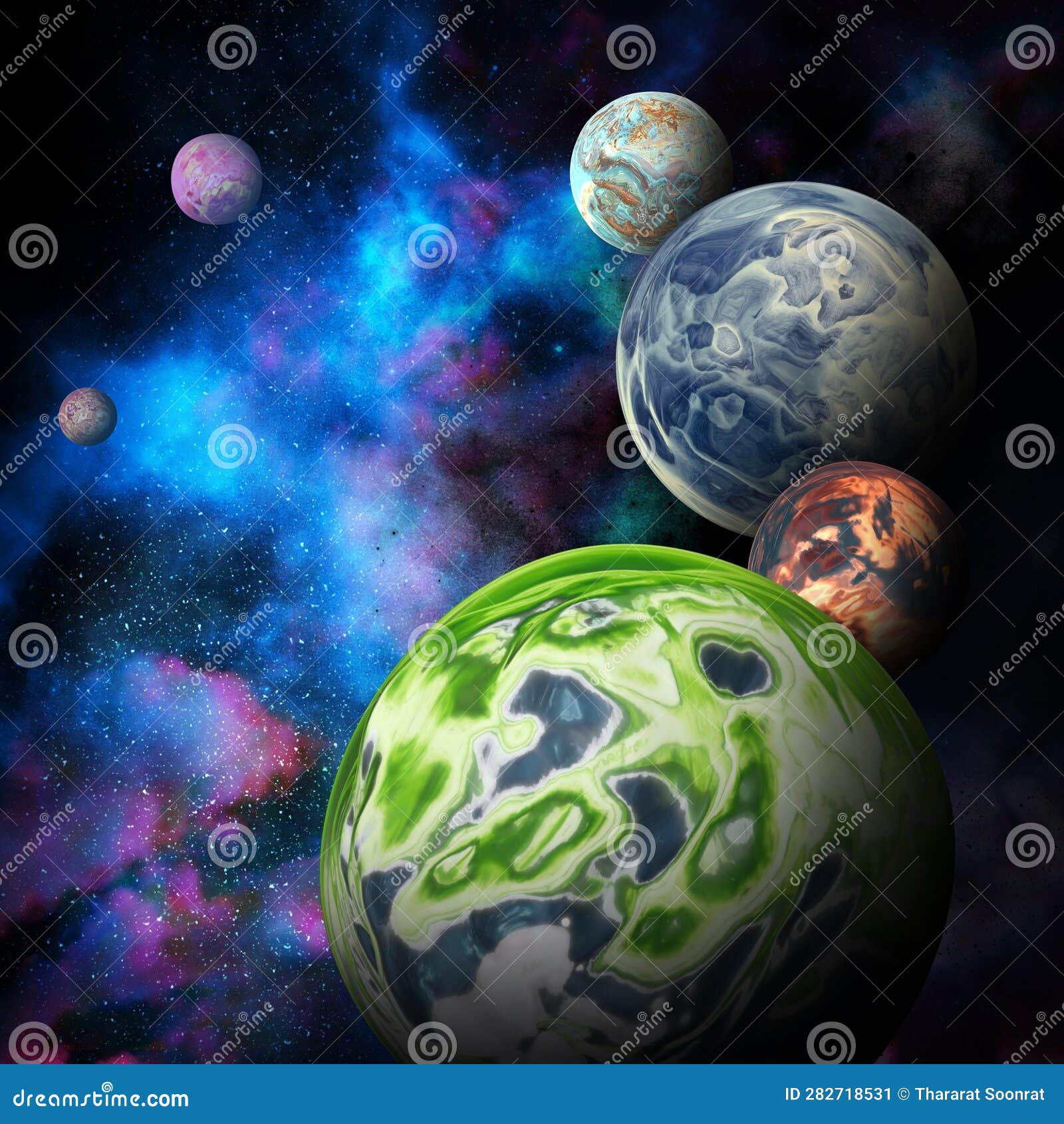 3D Space Background with Fictional Planets and Nebula Stock Illustration - Illustration of ...