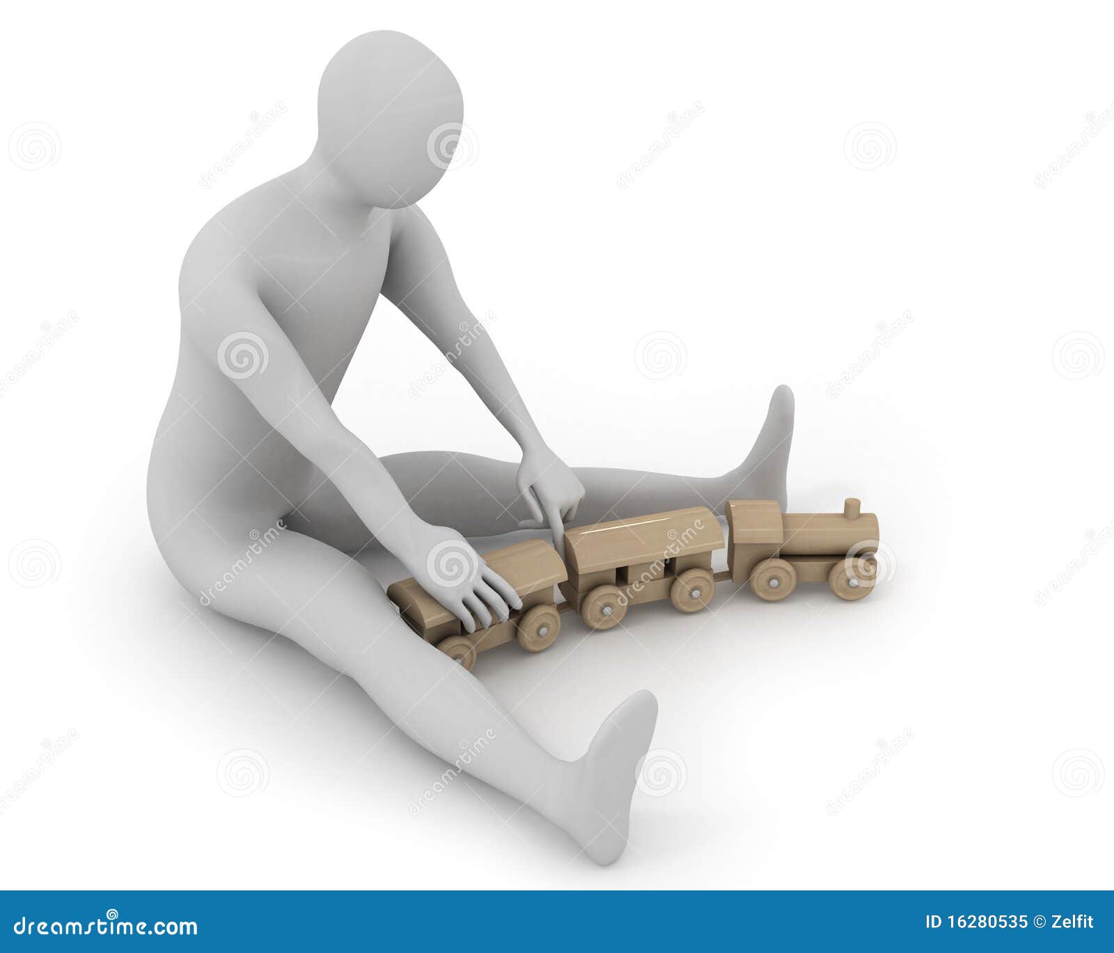 3D White Man Plays with Wooden Train Stock Illustration - Illustration ...