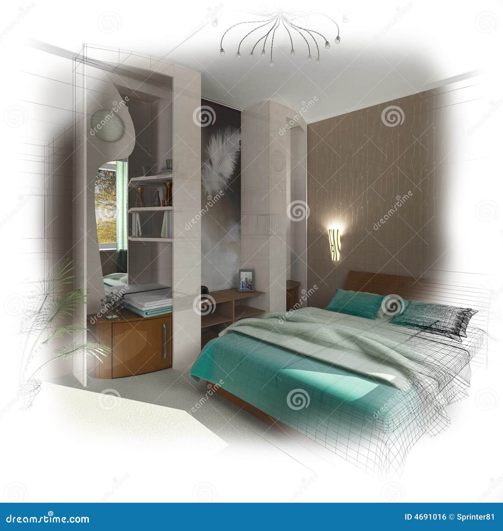 3d Wireframe Modern Bedroom Stock Illustration - Illustration of dream ...