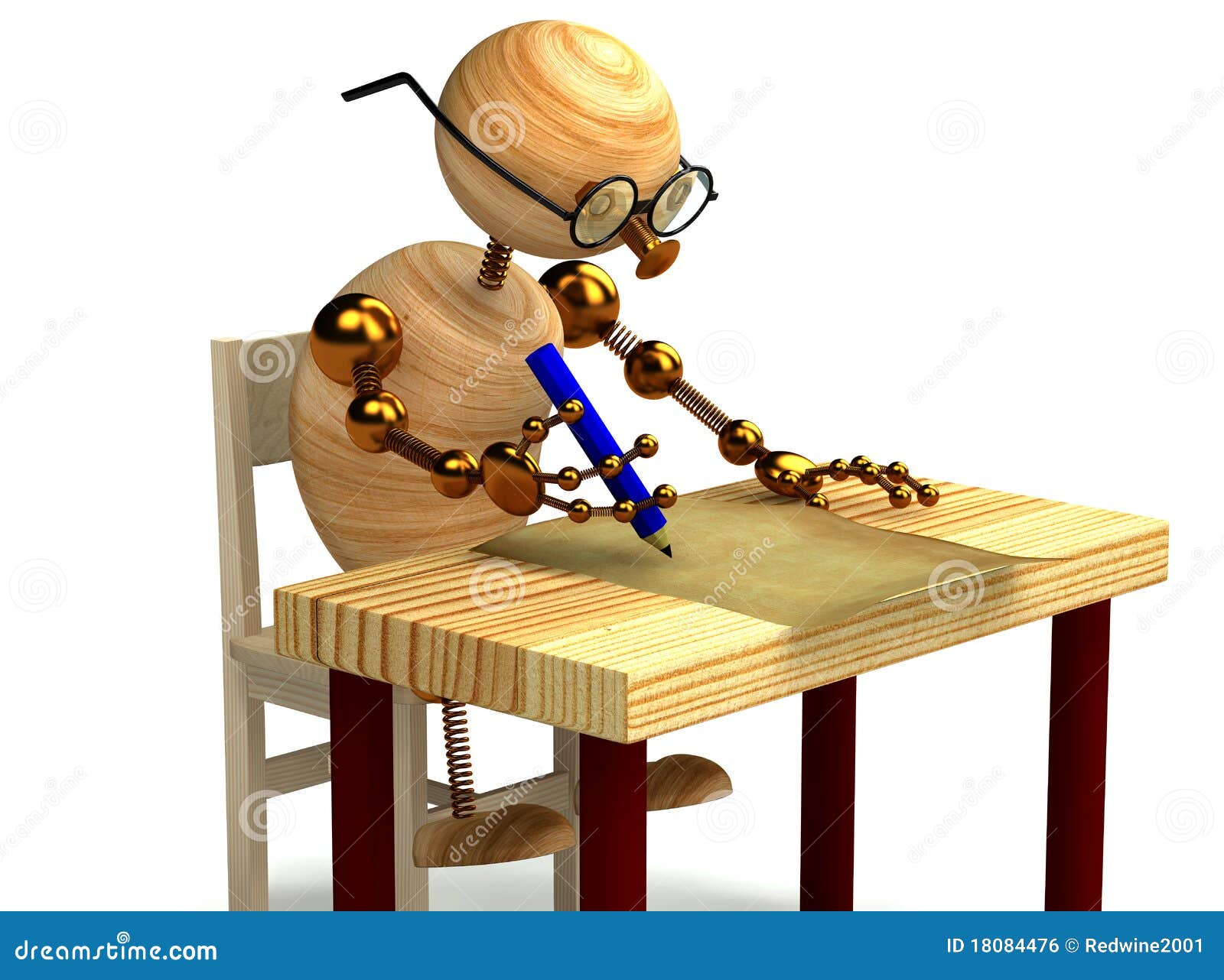 3d Wood Man is Writing a Letter Isolated Stock Illustration ...