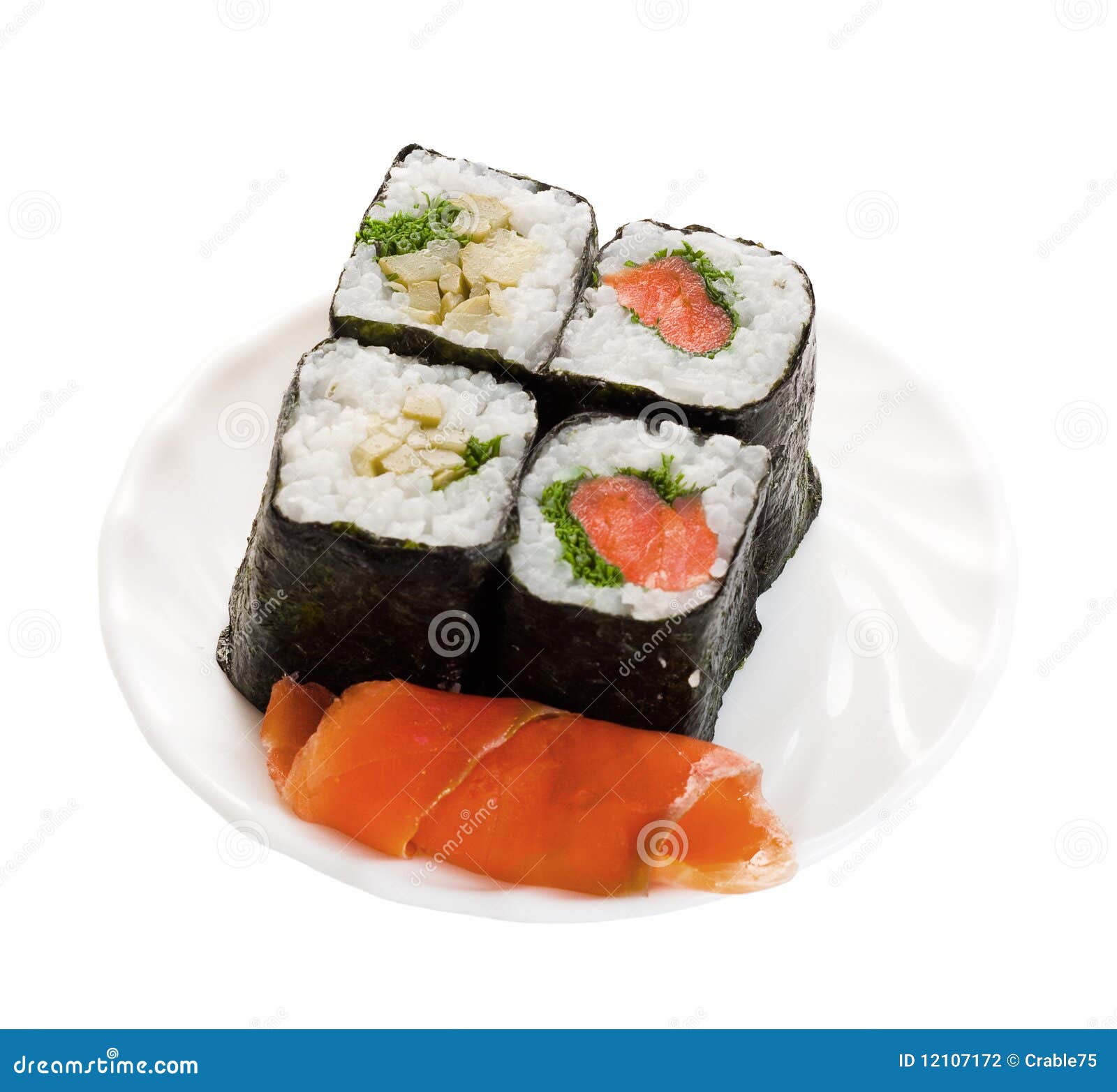 4 sushi on plate with fish stock photo. Image of rice - 12107172