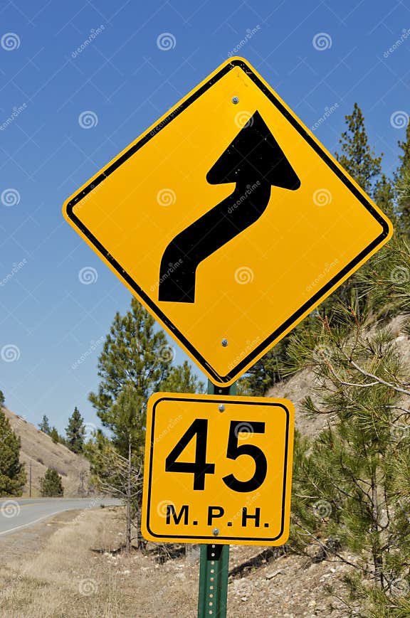 45 MPH Curve Sign stock photo. Image of black, hour, roads - 23880324