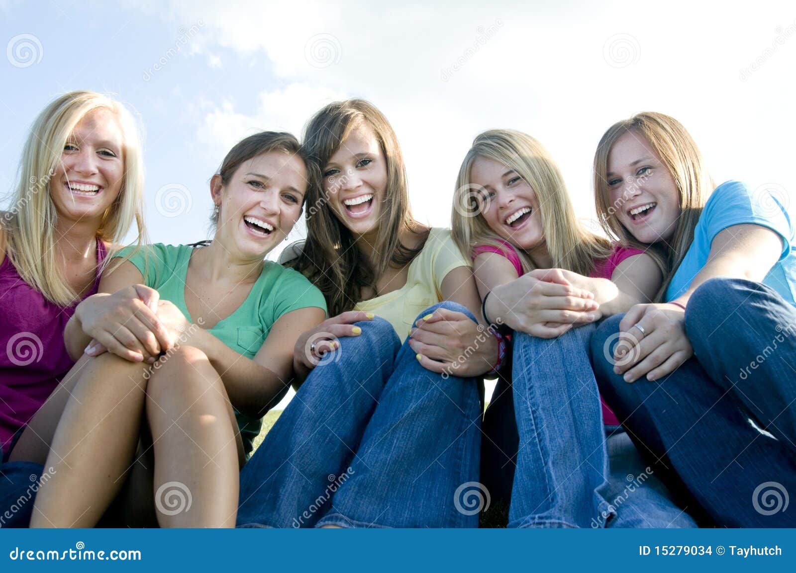 5 Girls Sitting Together and Laughing Stock Photo - Image of shirt ...