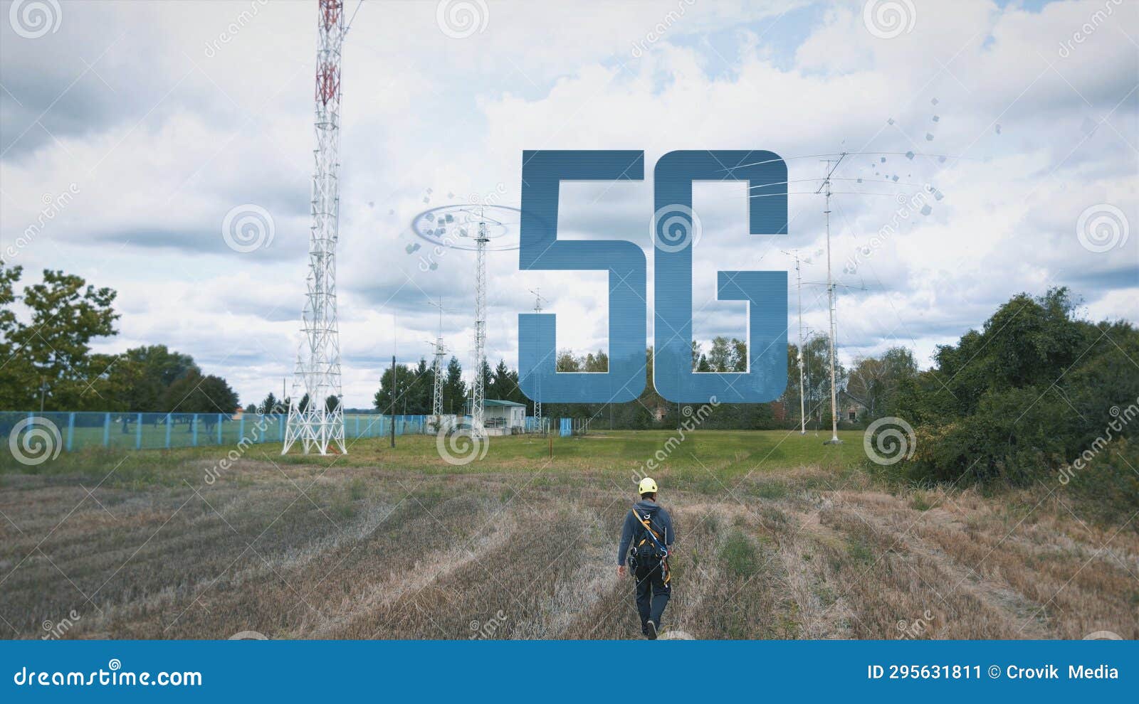 5G Concept Engineer Walking for Maintenance of Telecom Antenna Tower ...
