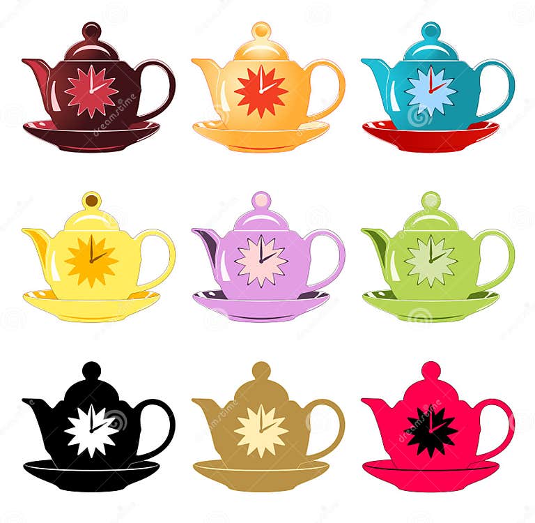 9 Differently Colored Teapots with Clocks Stock Vector - Illustration ...
