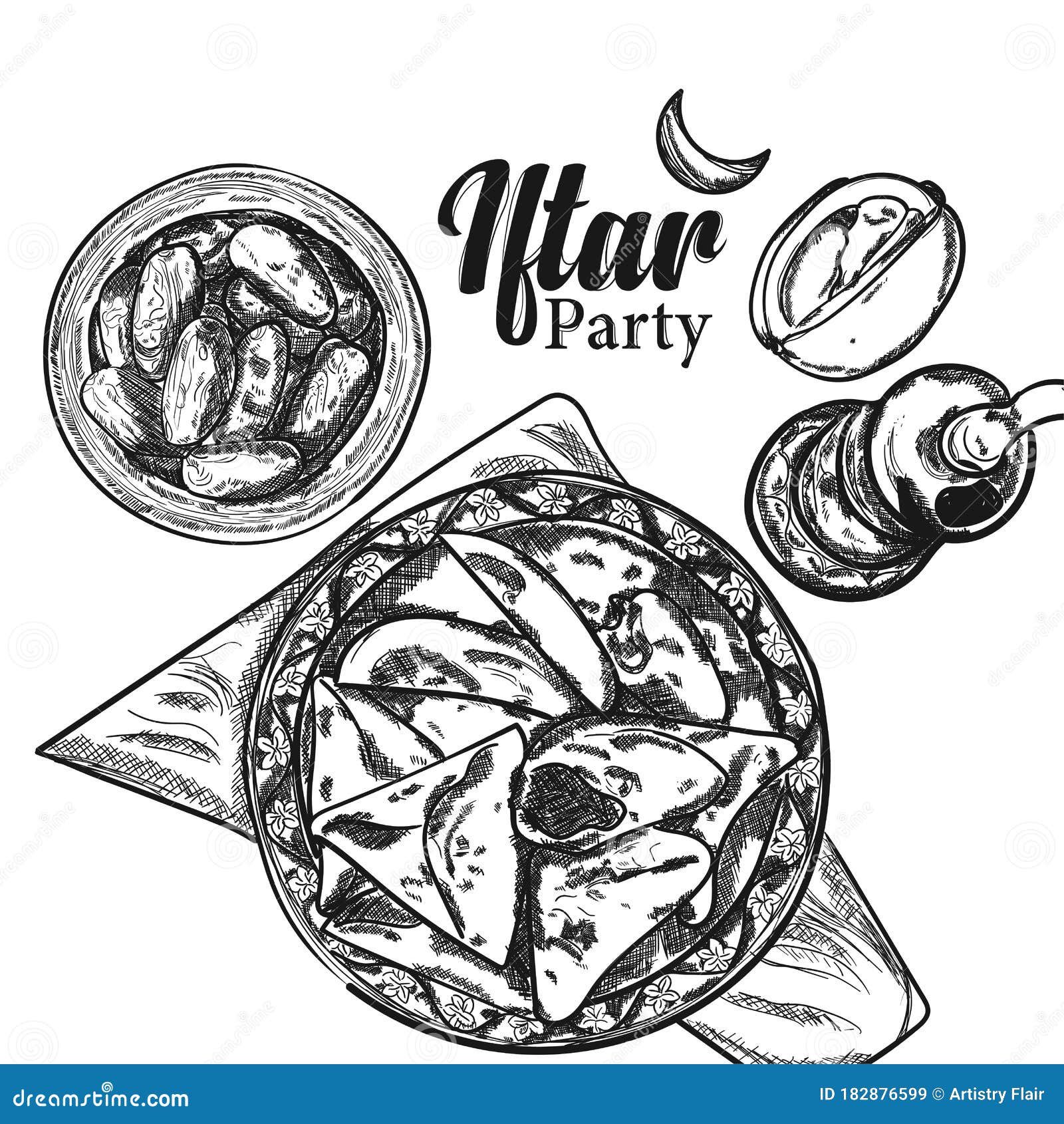 Hand Drawn Sketch Illustration of Iftar Food on Top View, Doodle Art of ...