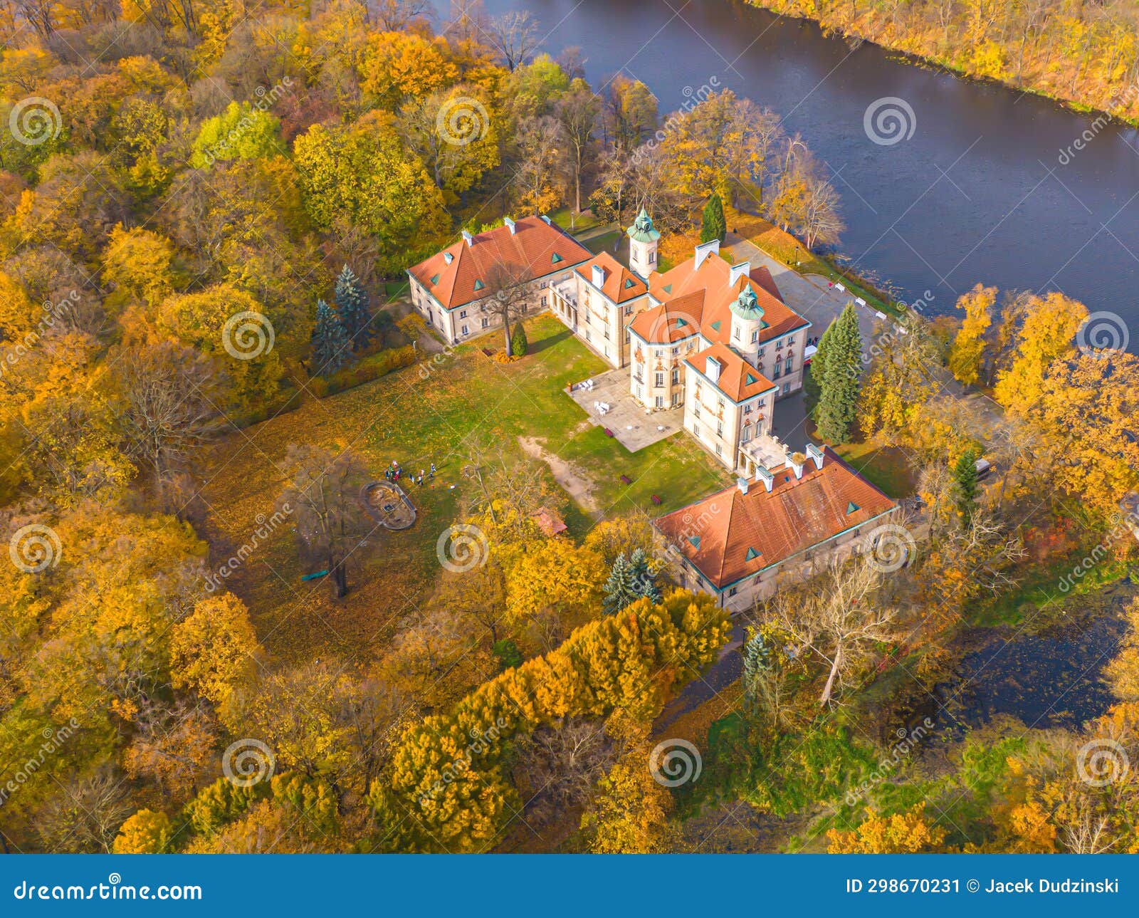 Aaerial View on the Beautiful Palace in Autumn Sunset. White Palace in ...