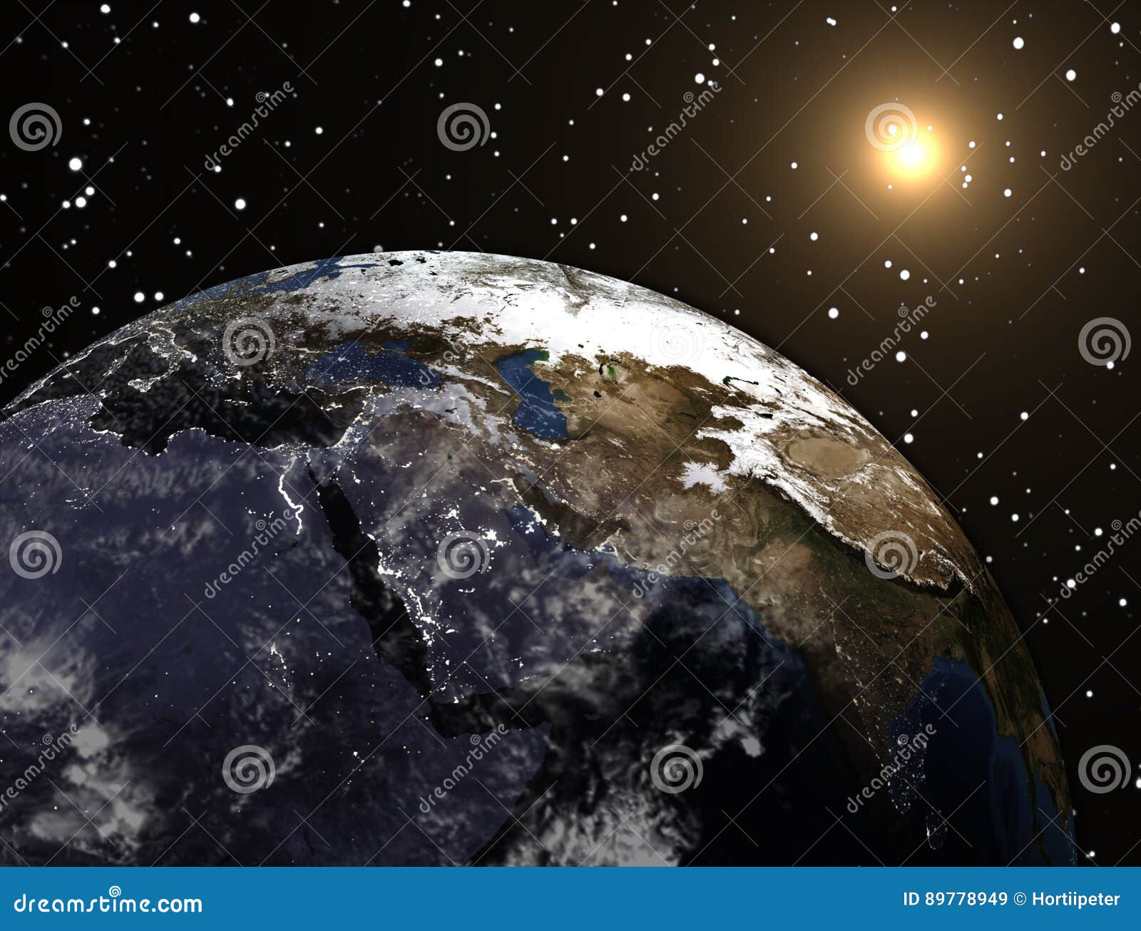 Aardeplaneet Met Zon in De Ruimte En De Sterren Stock Illustratie ...
