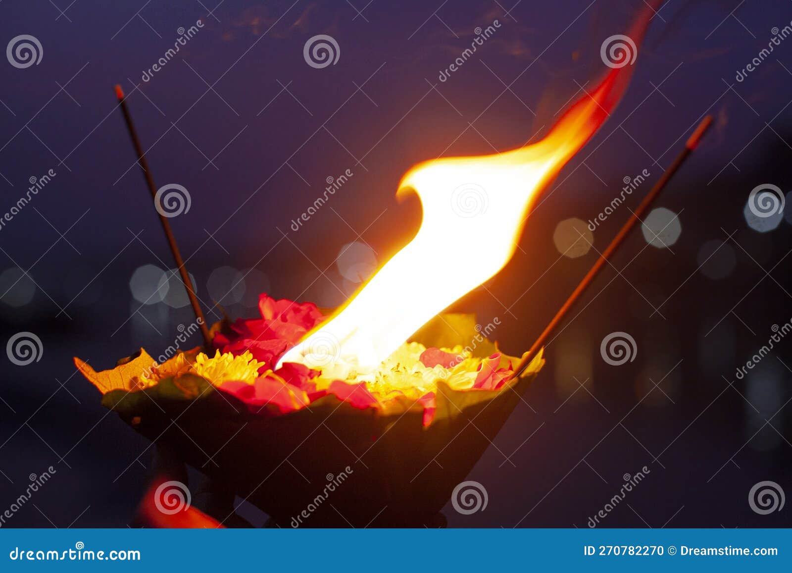 Aarti Ceremony Flowers with Fire in Ganga Stock Photo - Image of flame ...