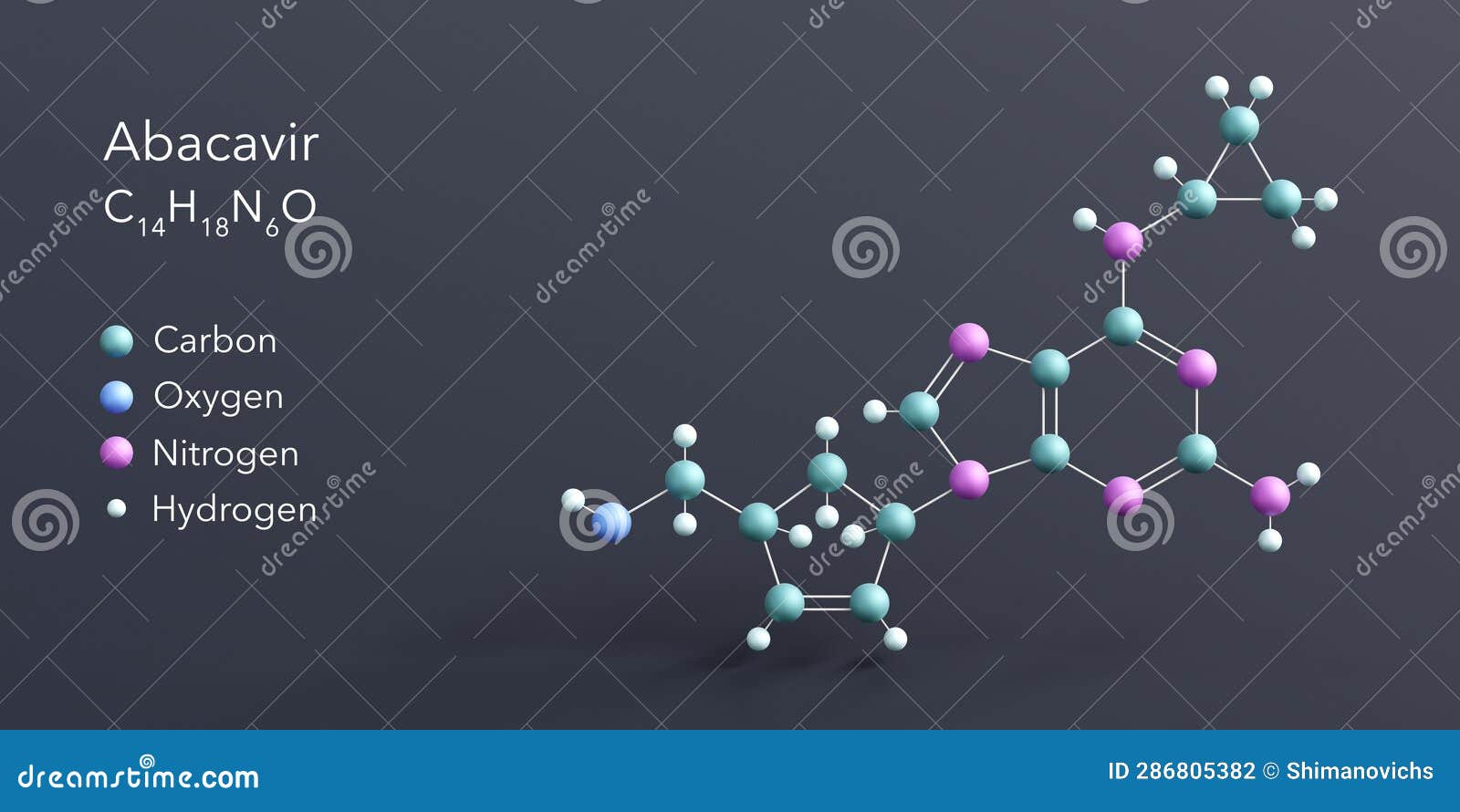 Abacavir Molecule 3d Rendering, Flat Molecular Structure with Chemical Formula and Atoms Color ...