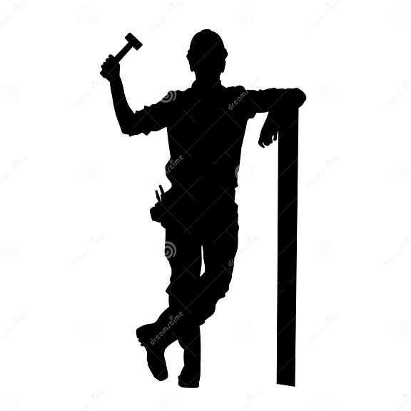 Silhouette of a Male Labour in Heavy Duty Costume Holding Hammer. Stock ...