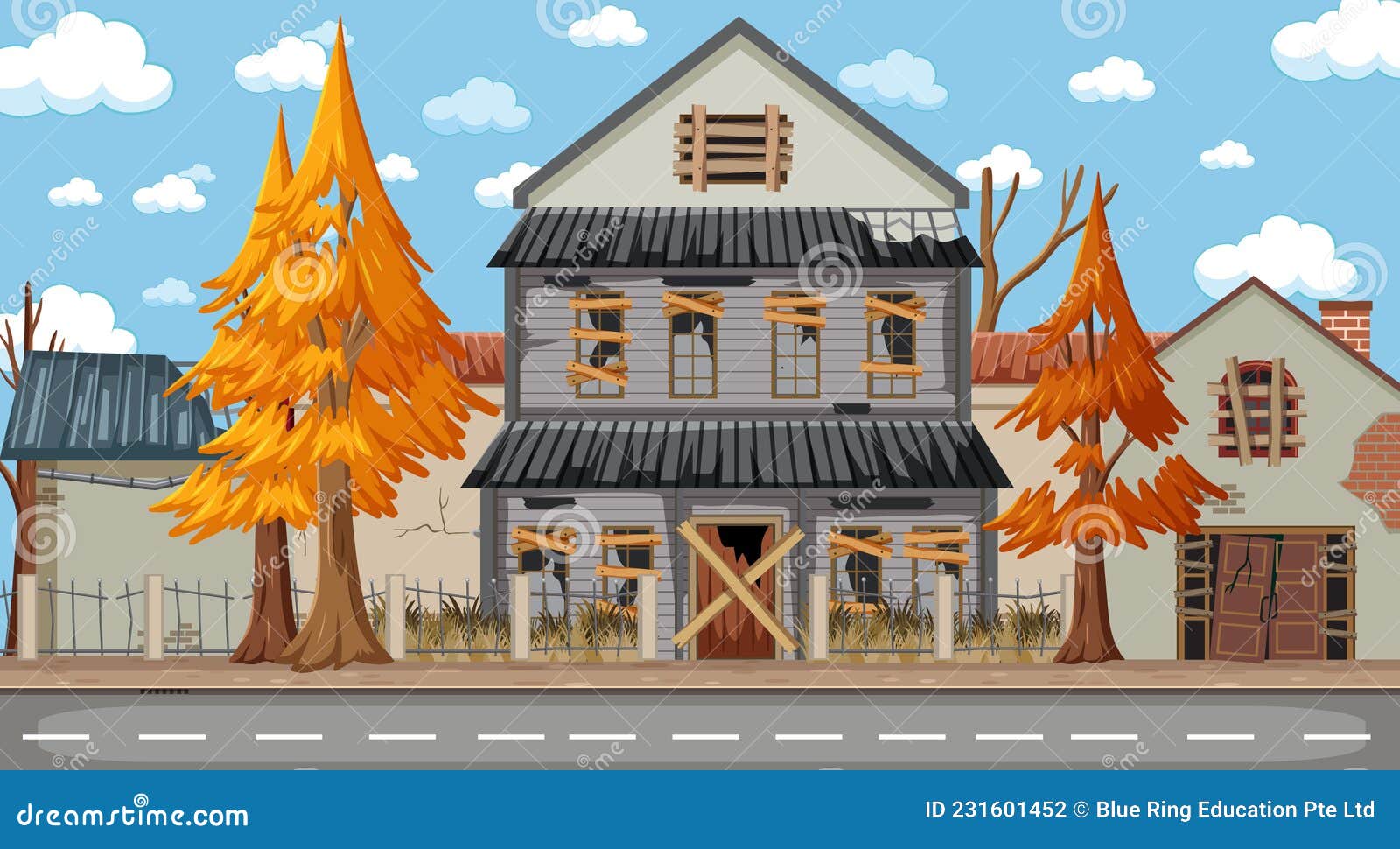 Abandon Empty Rutal Town with Old Broken House Background Stock Vector ...