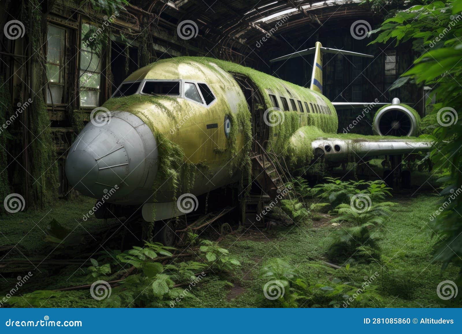 Abandoned Aircraft with Nature Taking Over Stock Illustration ...