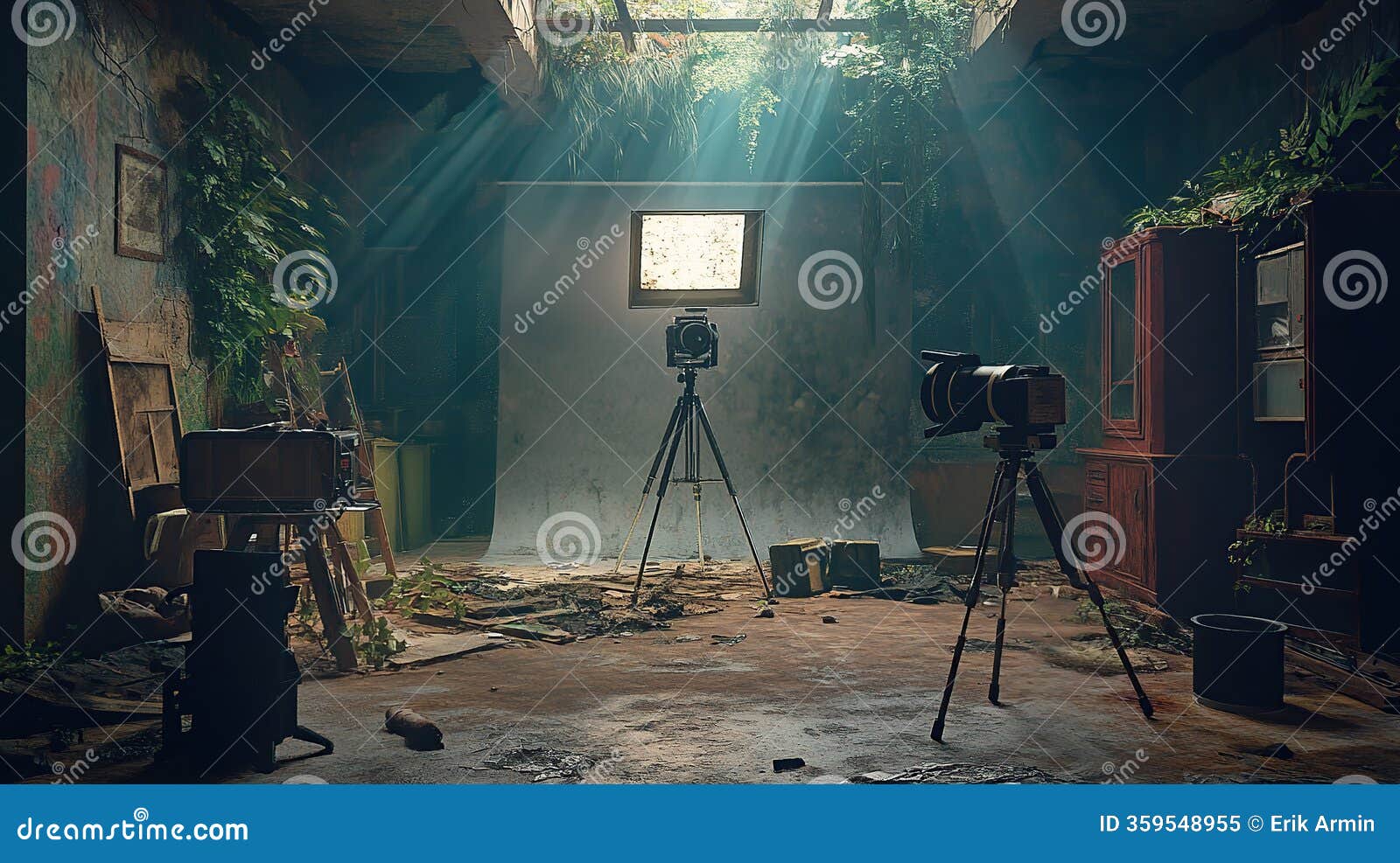 Abandoned Attic Studio with Vintage Cameras, Plants, and Natural Light ...