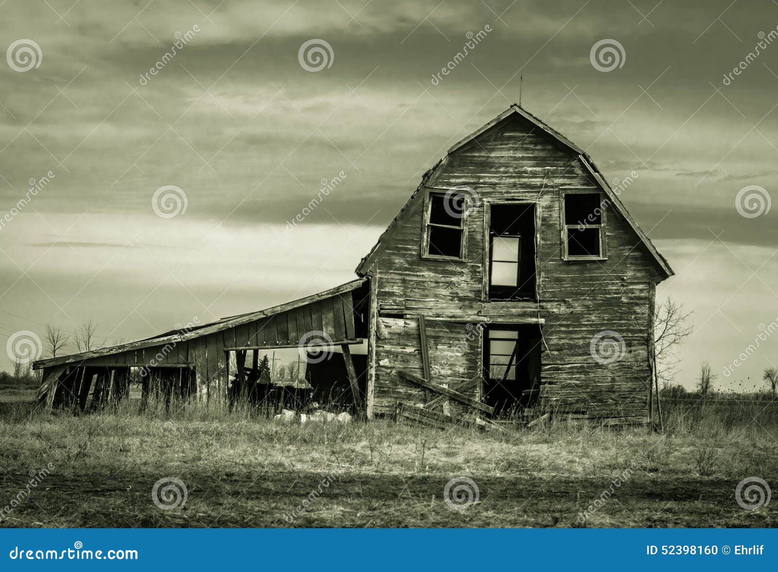 Abandoned Barn In A Weed Yard. Cracks In The Brick Walls. Apocalyptic ...