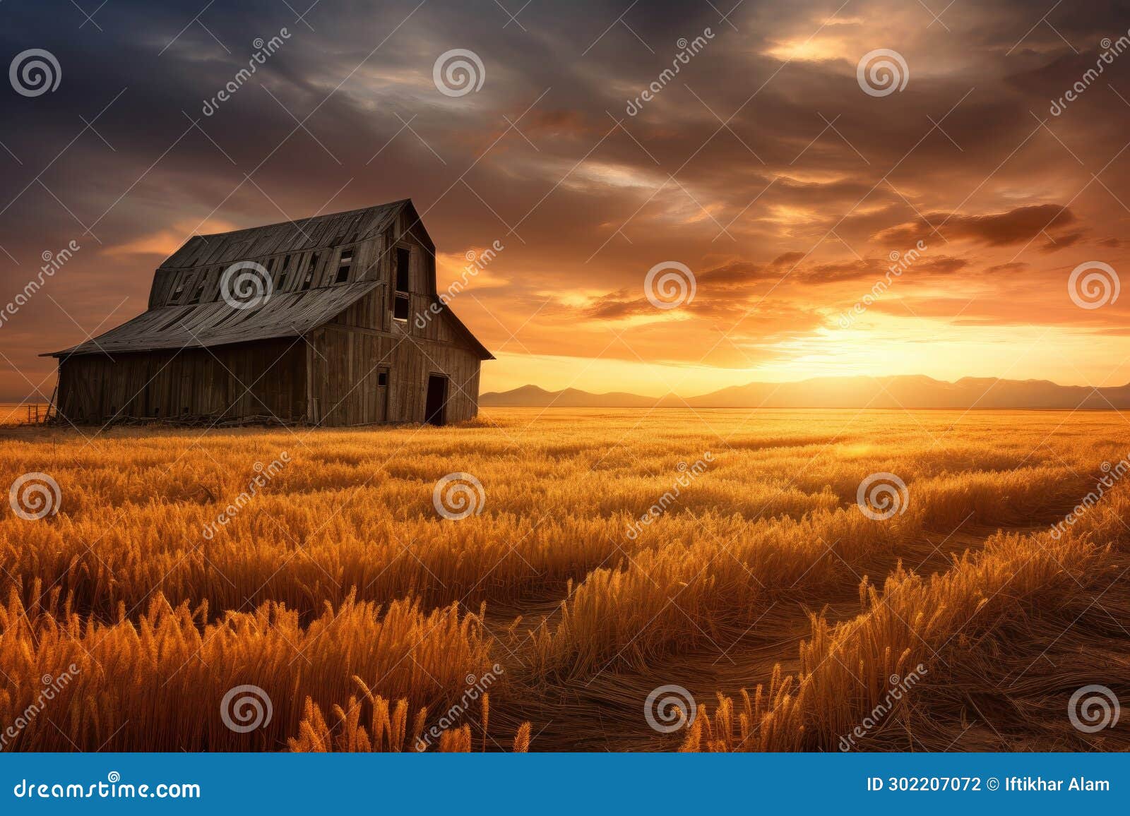 Abandoned Barn and Wheat Field at Sunset, 3d Render, an Old Rustic Barn ...