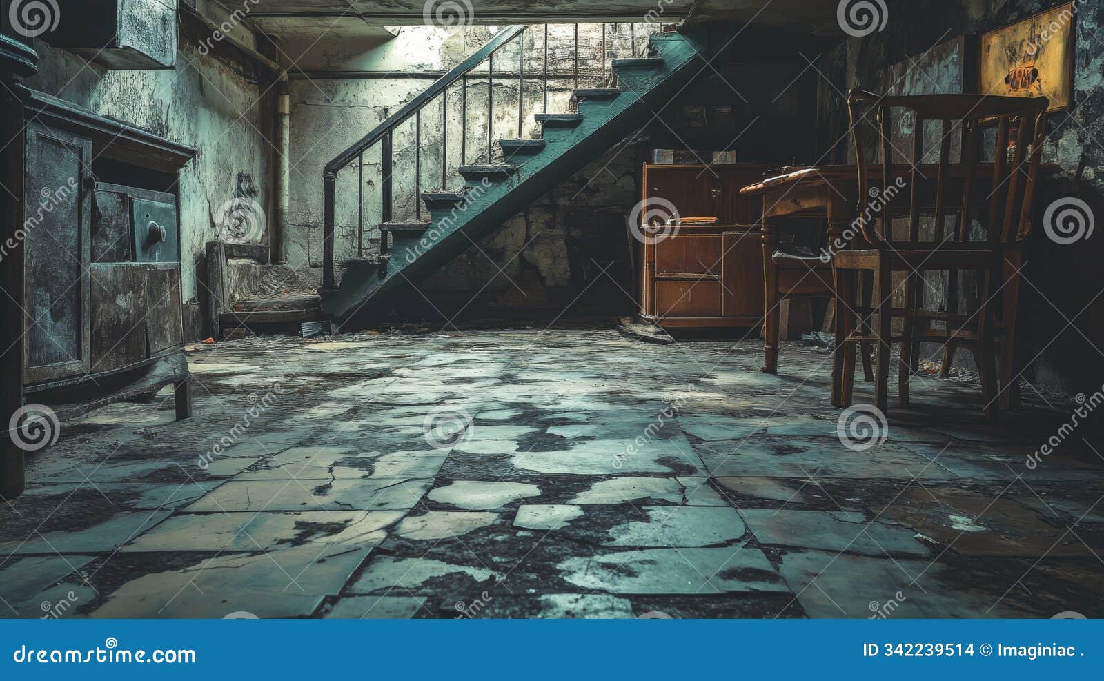 Old Abandoned Basement With Broken Walls And Wooden Stairs Stock Image ...
