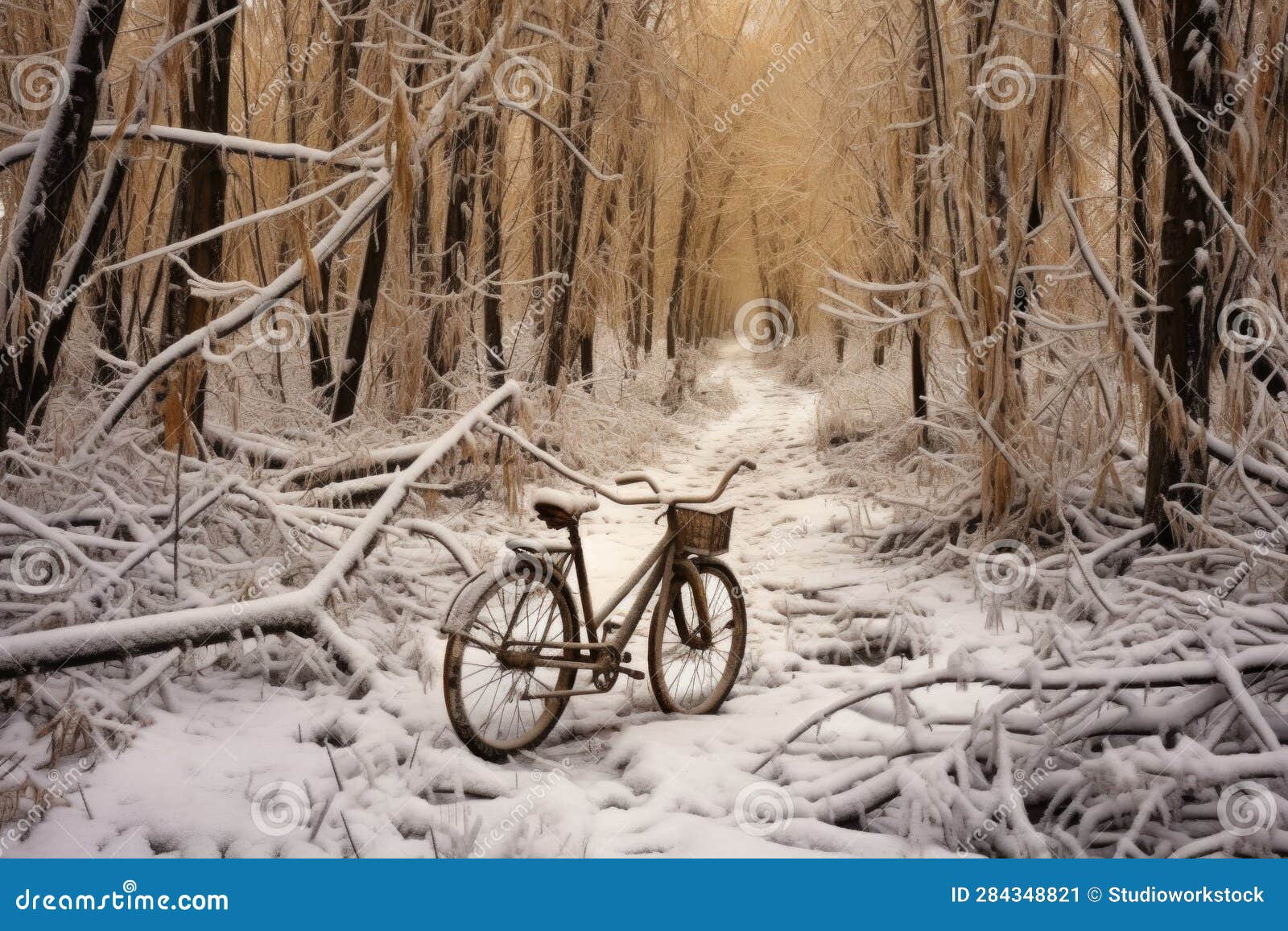 Abandoned Bicycle Surrounded by Animal Tracks in the Snow Stock Image ...