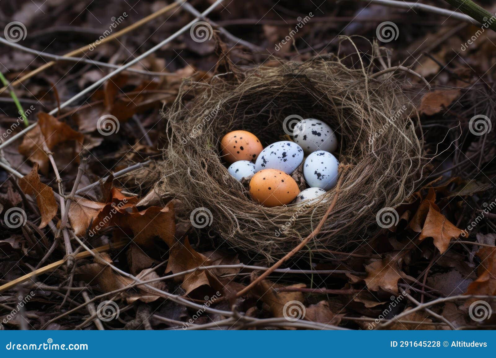 Abandoned Birds Nest, Scattered Eggs on Ground Stock Photo - Image of ...