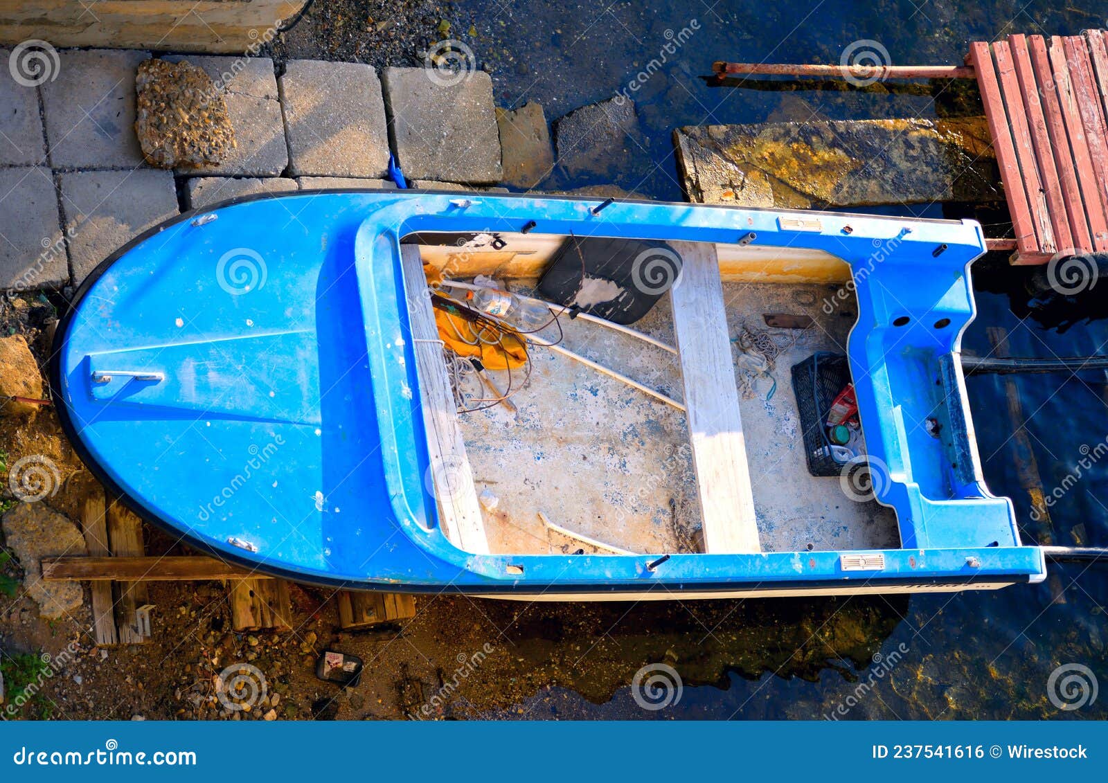 Old Run-down Abandoned Blue Boat on the Shore. Stock Photo - Image of ...