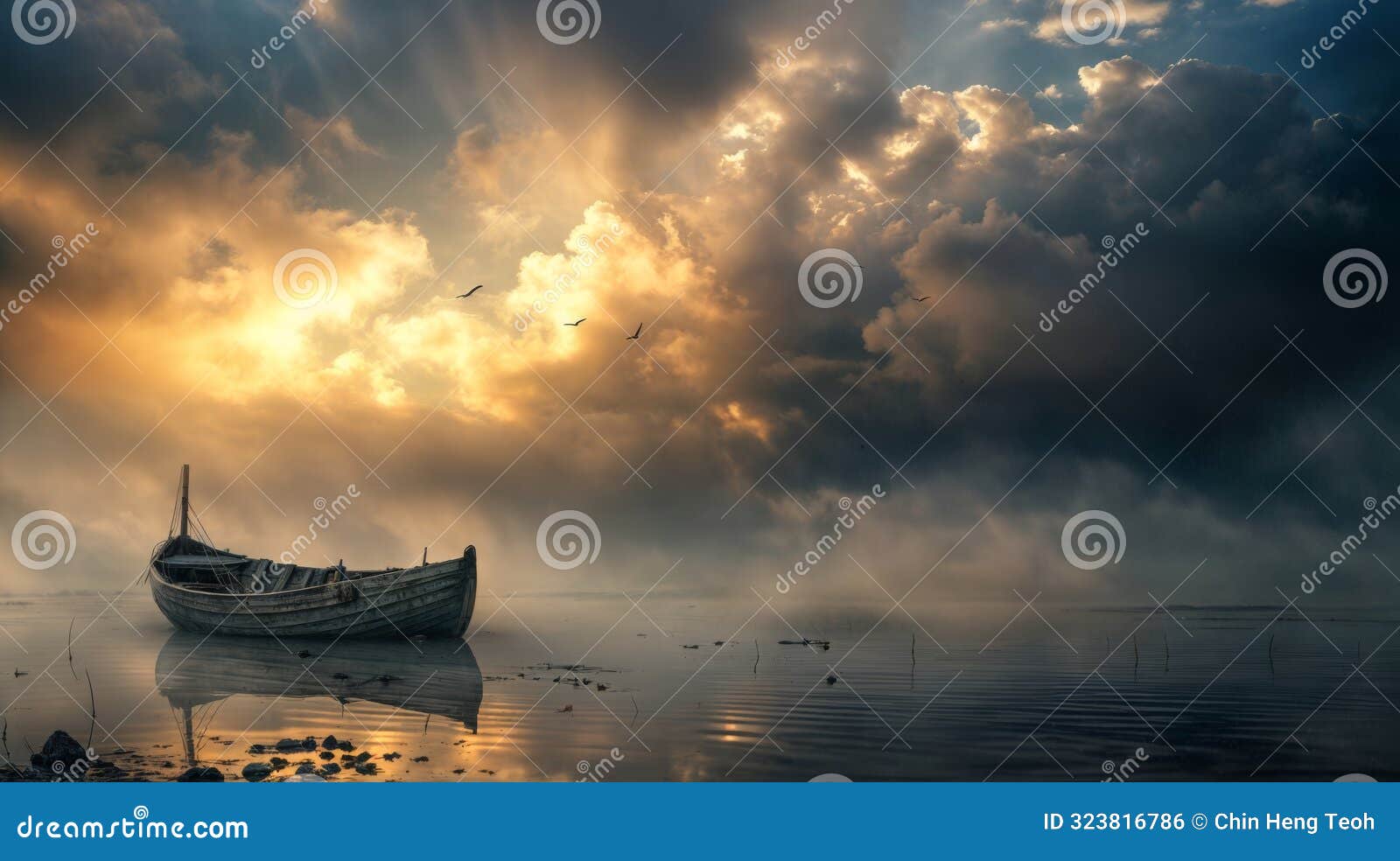 Abandoned Boat on Calm Lake with Dramatic Sky Stock Illustration ...