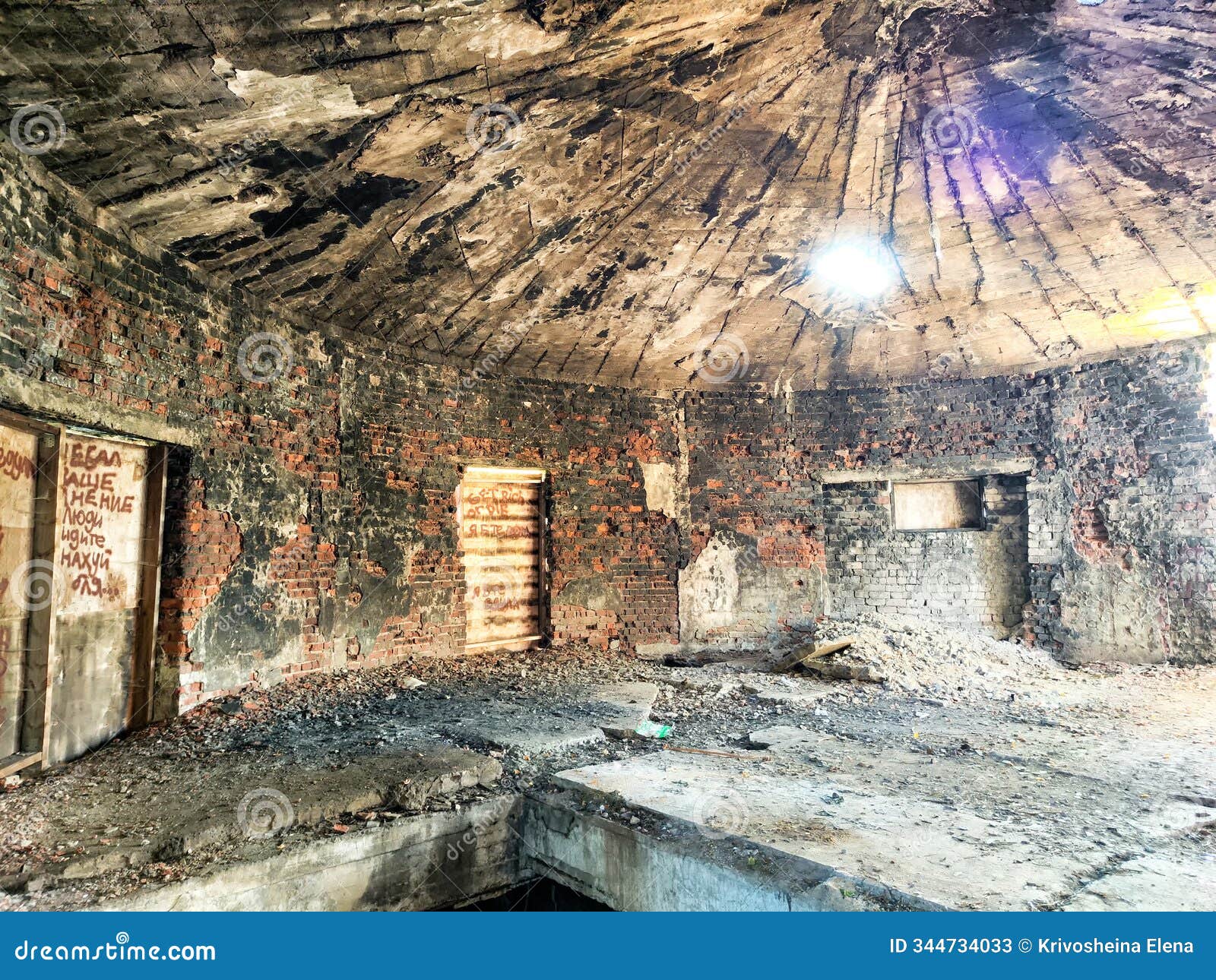 Abandoned Brick Interior of a Dilapidated Structure with a Domed ...