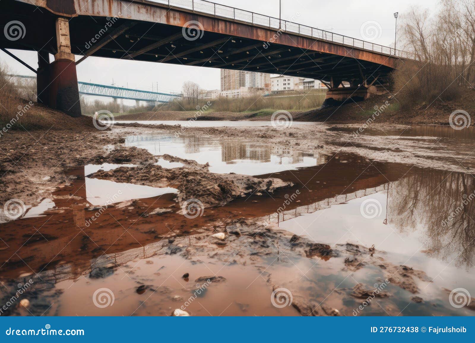 Abandoned Bridge Over the River with Puddles and Mud Stock Illustration ...