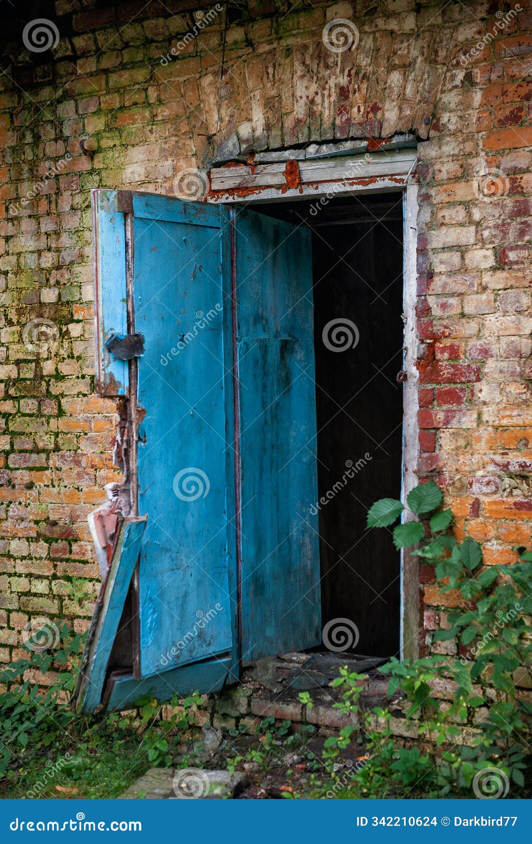 Abandoned Broken Door Leads into a Decayed Building with Brick Walls ...