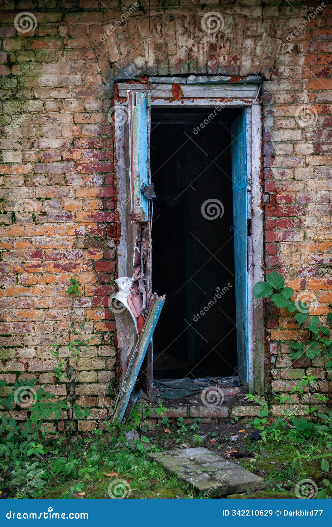 Abandoned Broken Door Leads into a Decayed Building with Brick Walls ...