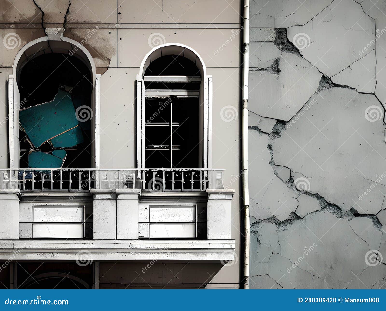 Abandoned Building with Broken Windows and Balcony, Ai Generated Stock ...