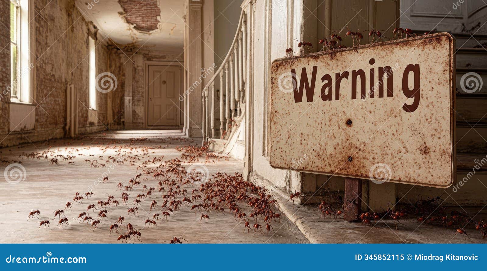 Infestation Warning Sign in an Abandoned Building with Ants Crawling ...