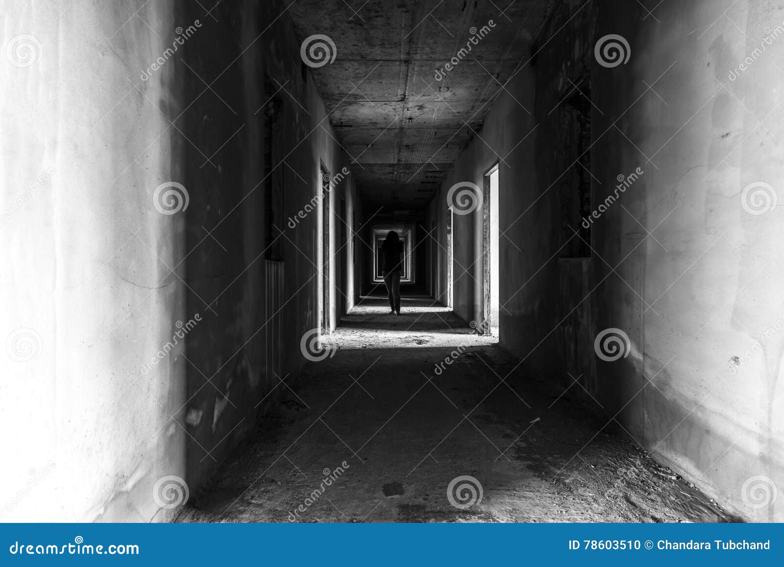 Walkway In Creepy Abandoned Building, Dark Scary Corridor With Many ...