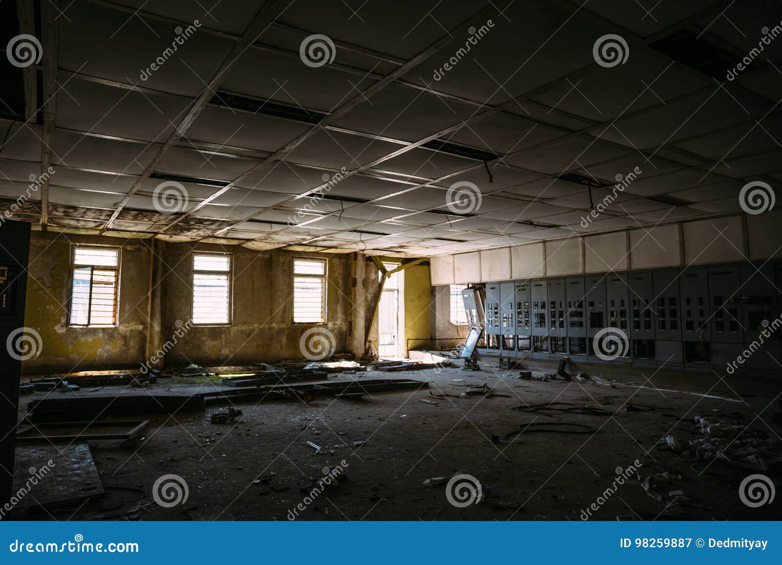 Abandoned Building Inside Interior, Large Dark Room with Windows Stock ...