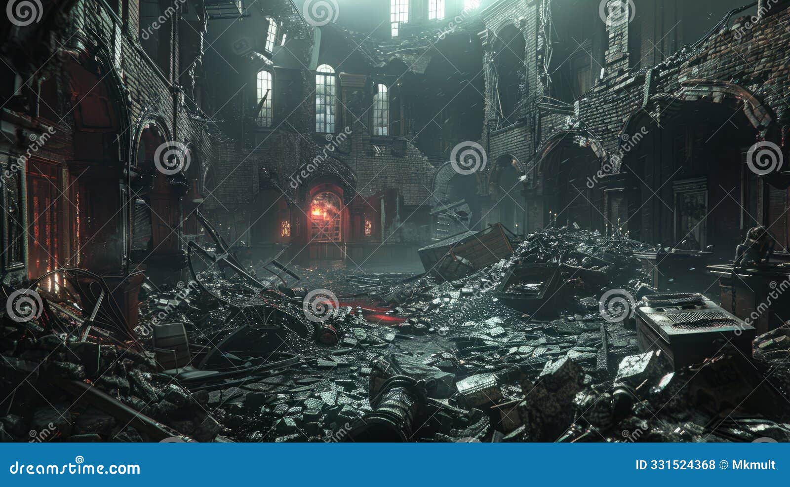 Abandoned Building Interior with Debris and Dim Lighting in a Post ...