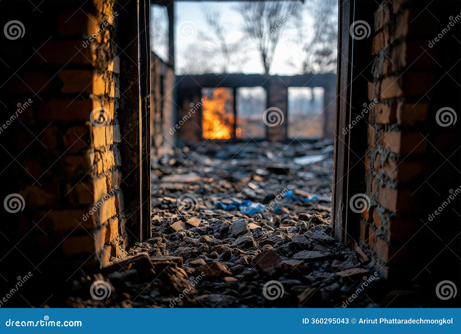 Abandoned Building Interior with Debris and Fire in Background ...
