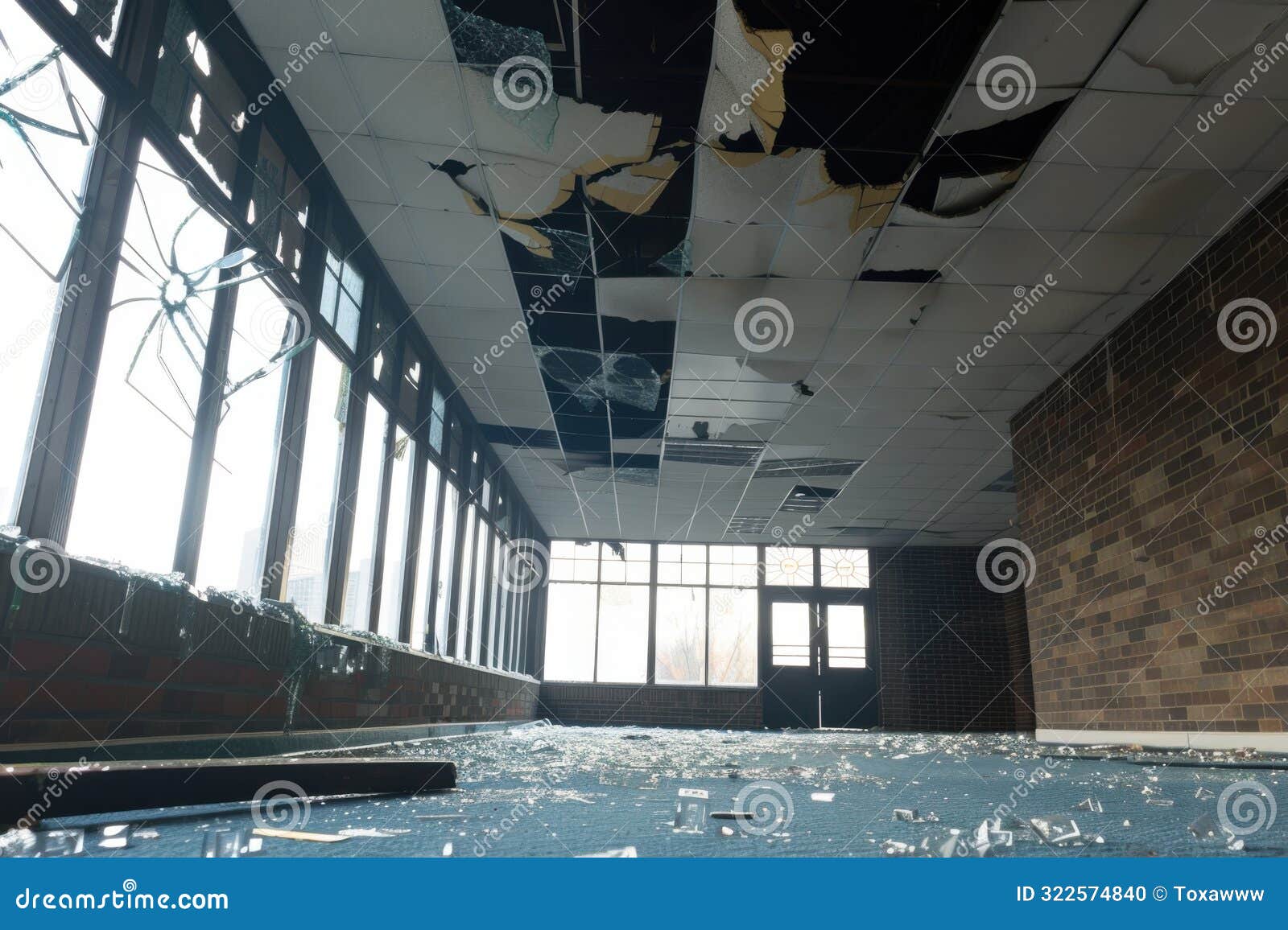 Abandoned Building Interior with Shattered Windows and Damaged Ceiling ...