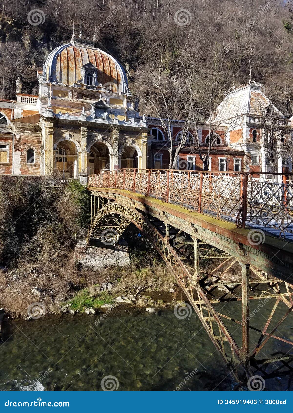 Abandoned Building and Rusty Bridge in Ruins Stock Image - Image of ...