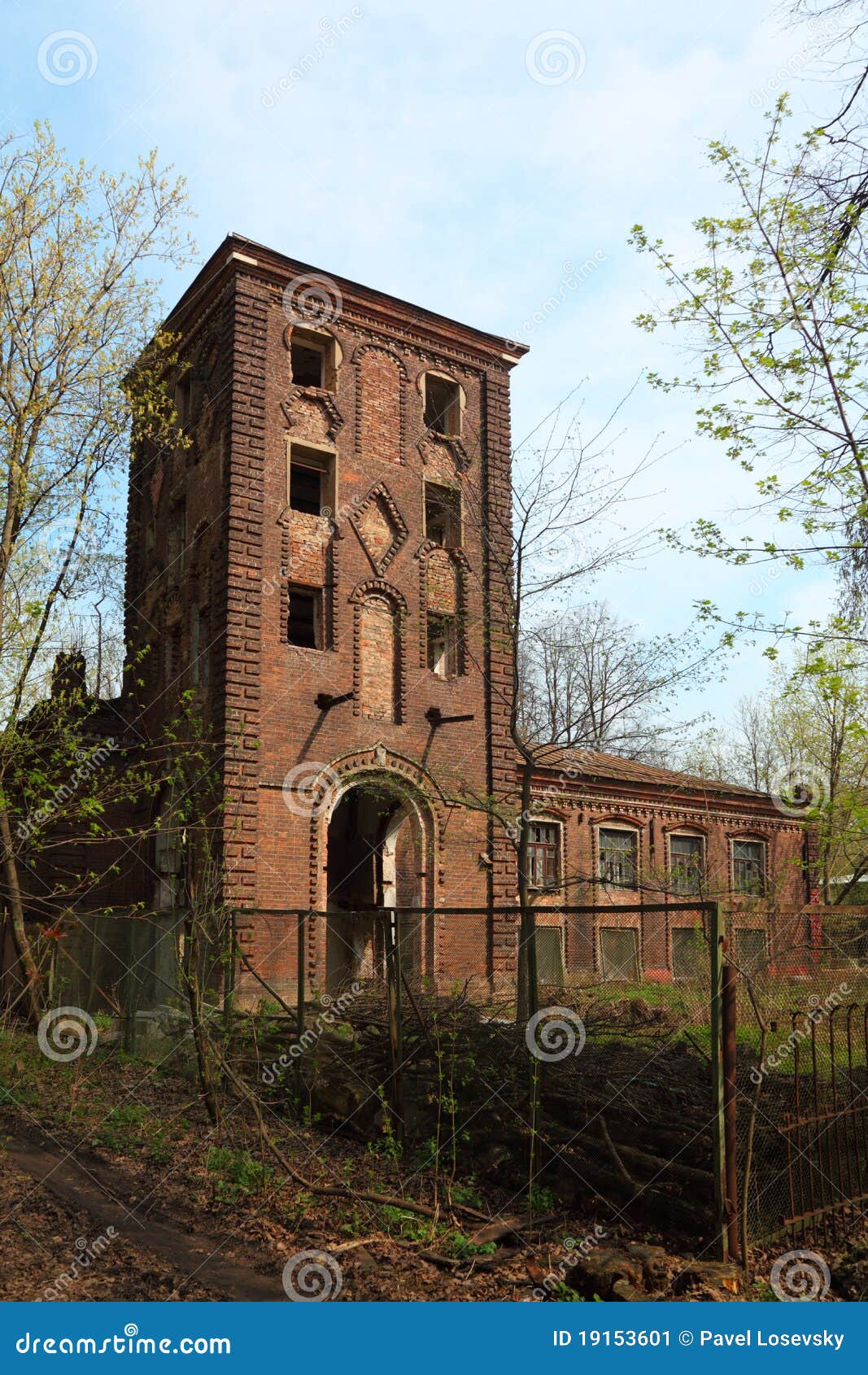 Abandoned Building with Tower at Spring Stock Image - Image of green ...