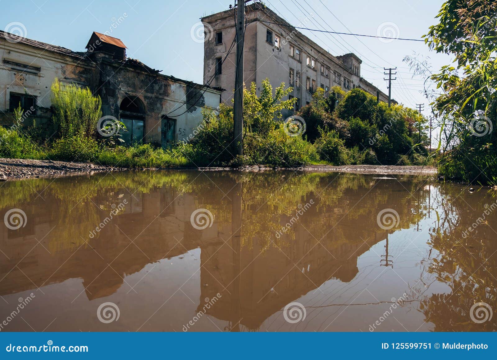 Abandoned Buildings Reflected in Pool of Rainwater Stock Image - Image ...