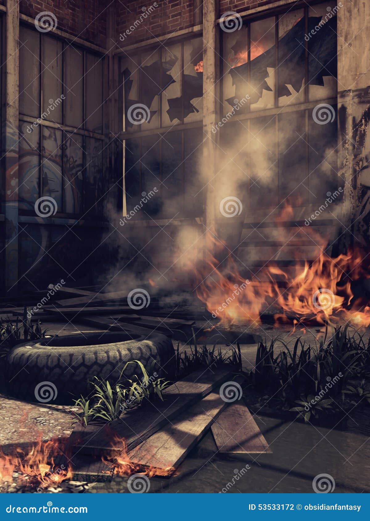 Abandoned bulding on fire stock illustration. Illustration of warehouse ...
