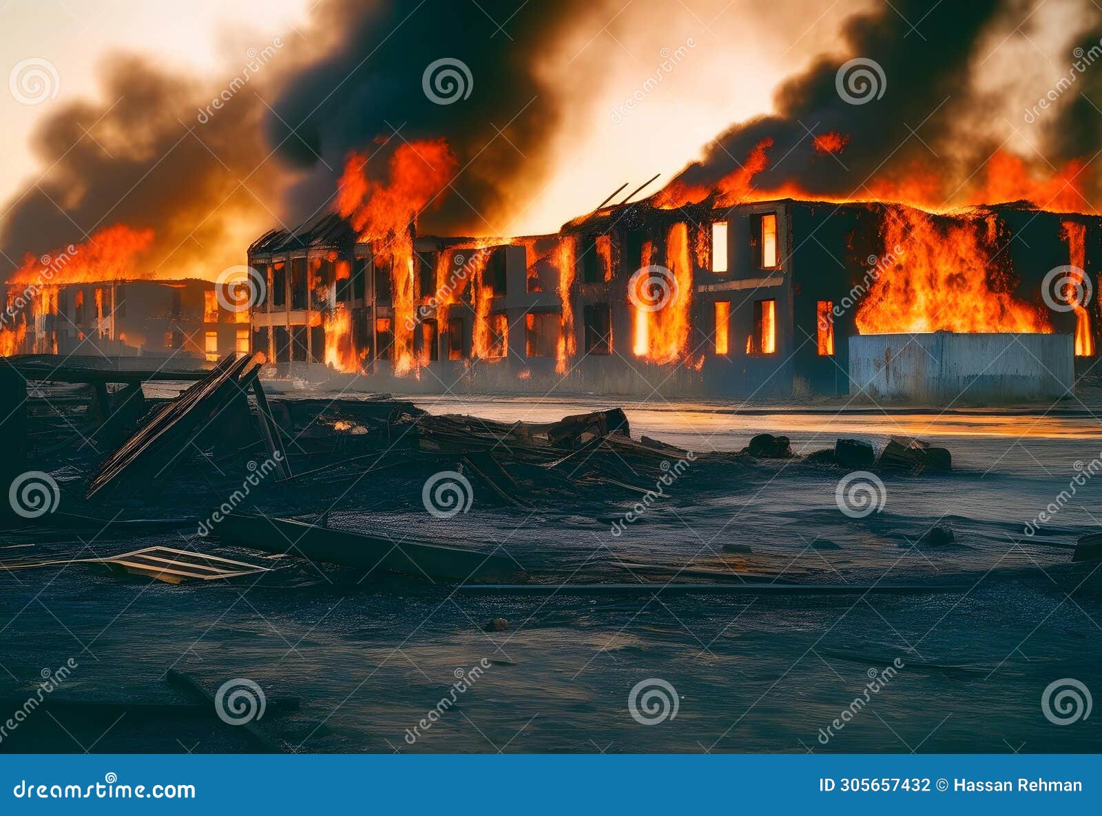 Abandoned City and Rusted Building Burned in a Flaming Fire Stock ...