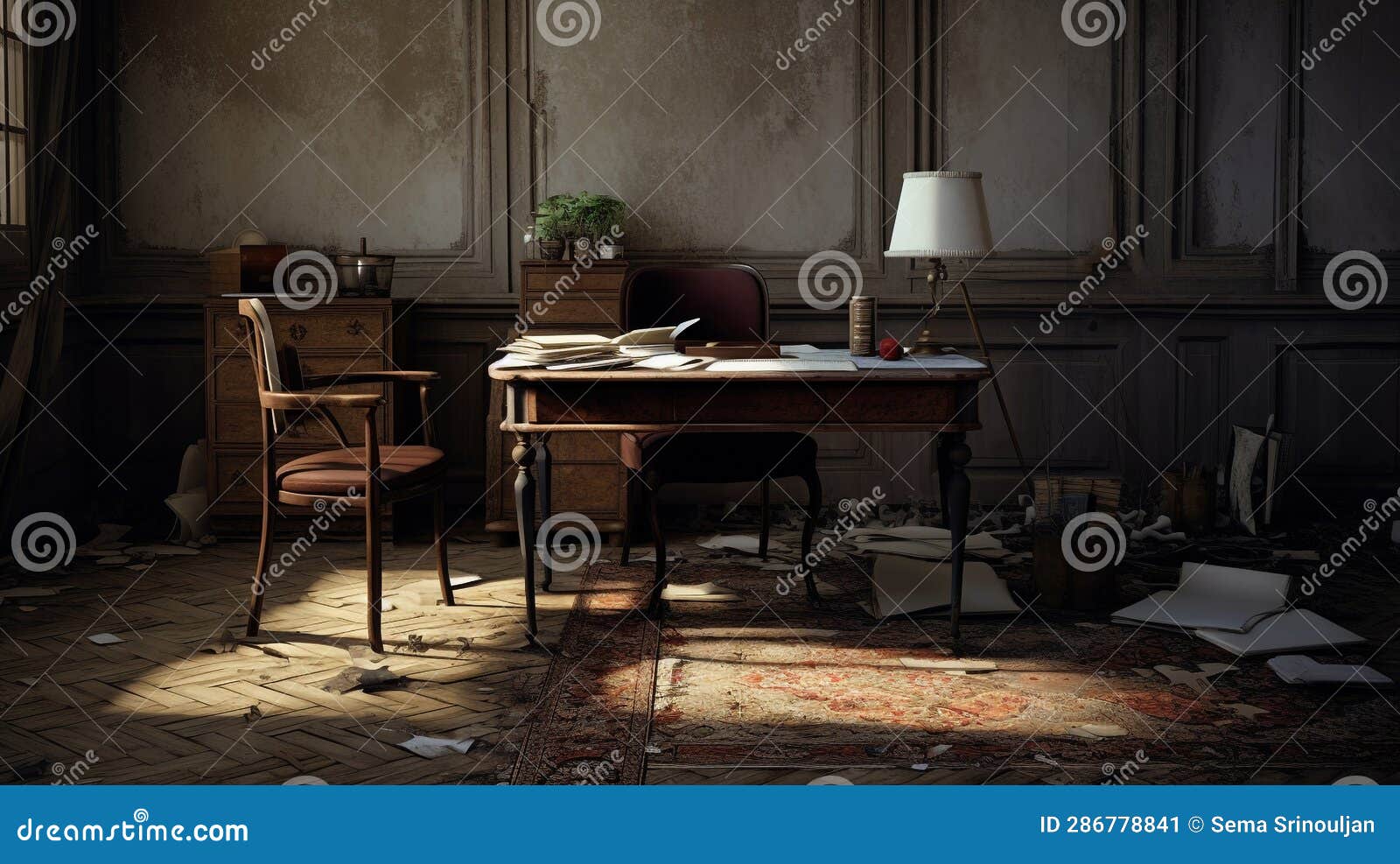 Abandoned Classic Wooden Desk In Empty Room. - Generative Ai Royalty ...