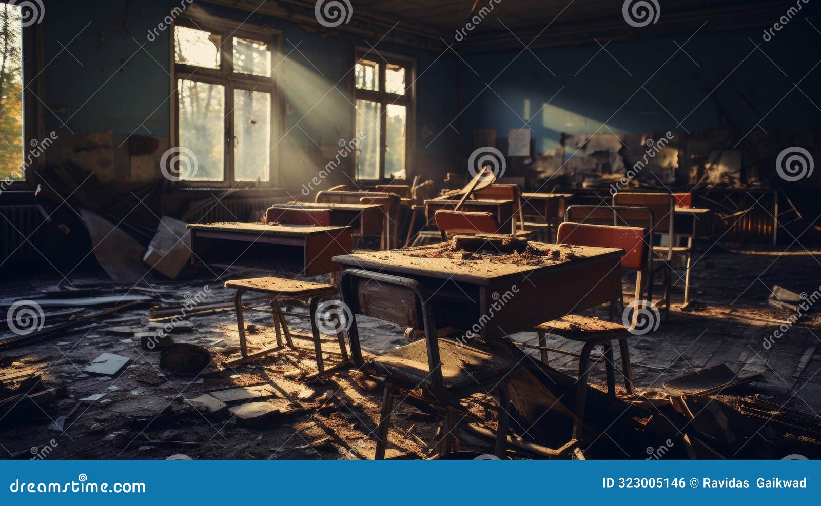 Abandoned Classroom with Broken Desks, Echoes of Learning Stock ...
