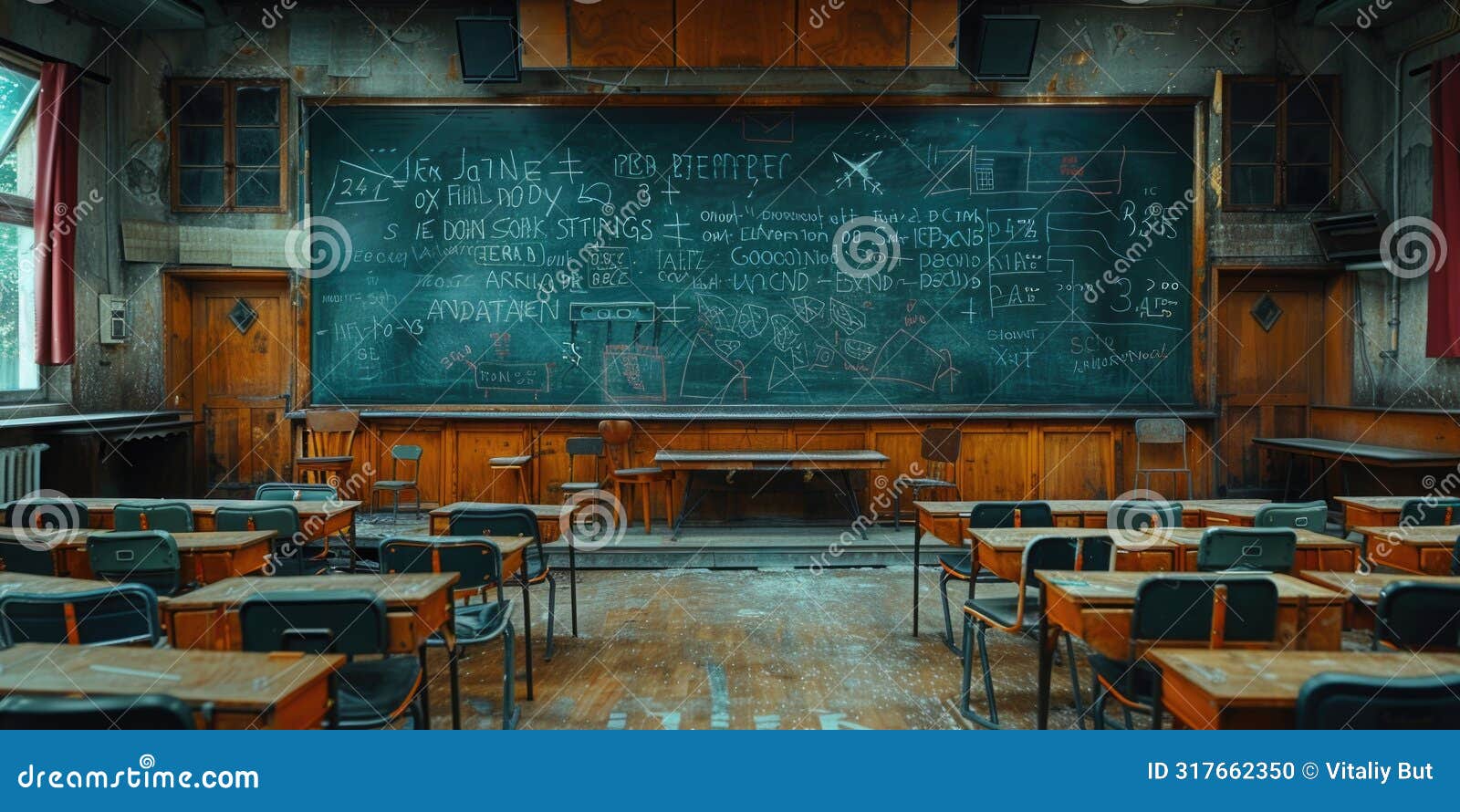 Abandoned Classroom with Desks and Chalkboard Stock Photo - Image of ...