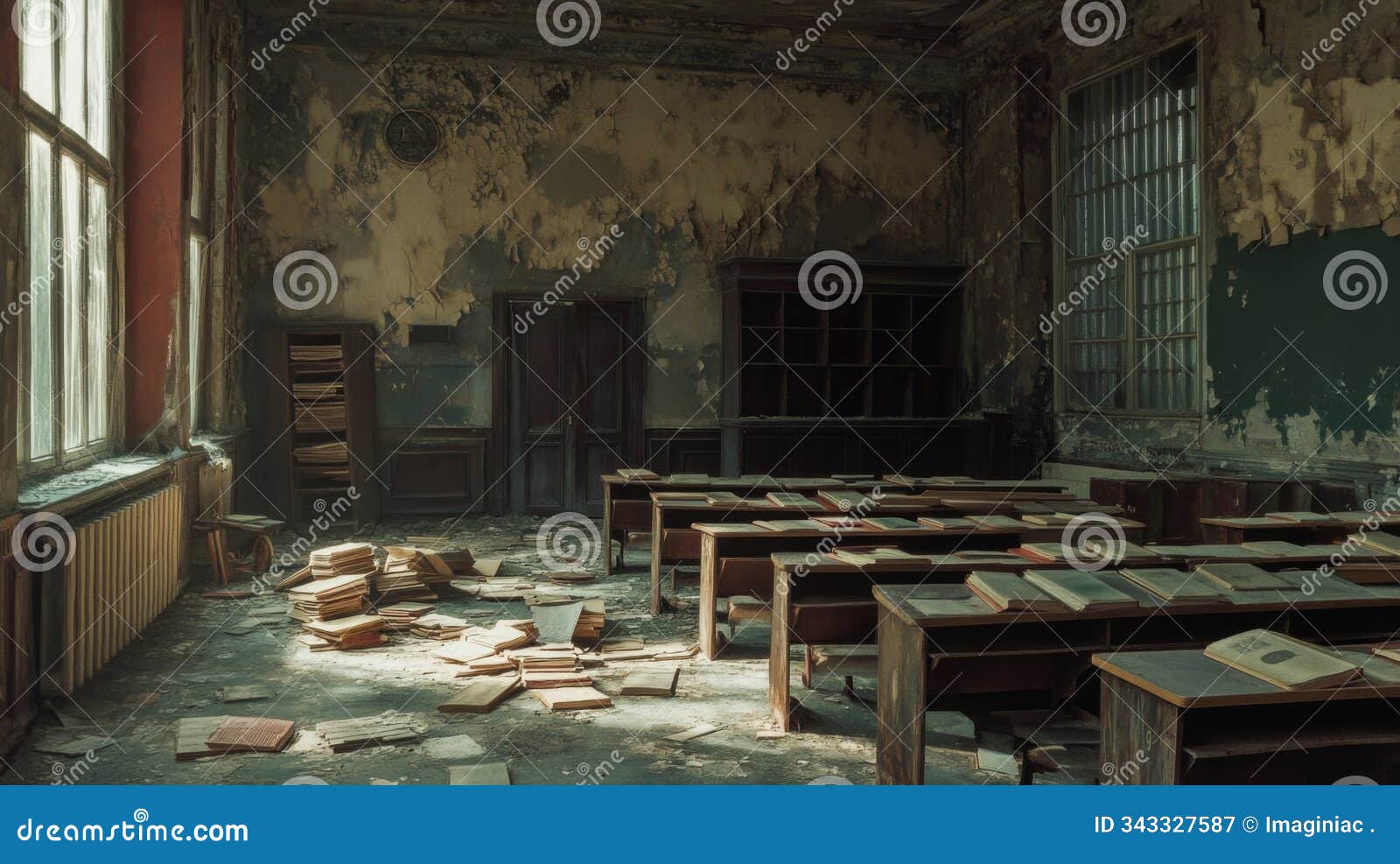 Abandoned Classroom with Dusty Desks and Scattered Books Stock ...