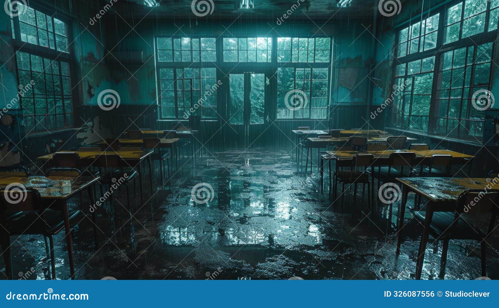 Abandoned Classroom in Heavy Rain - Generative AI Stock Illustration ...