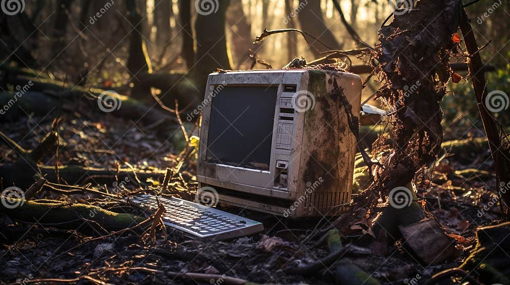 Abandoned Computer in the Desolate Forest. - Generative Ai Stock ...