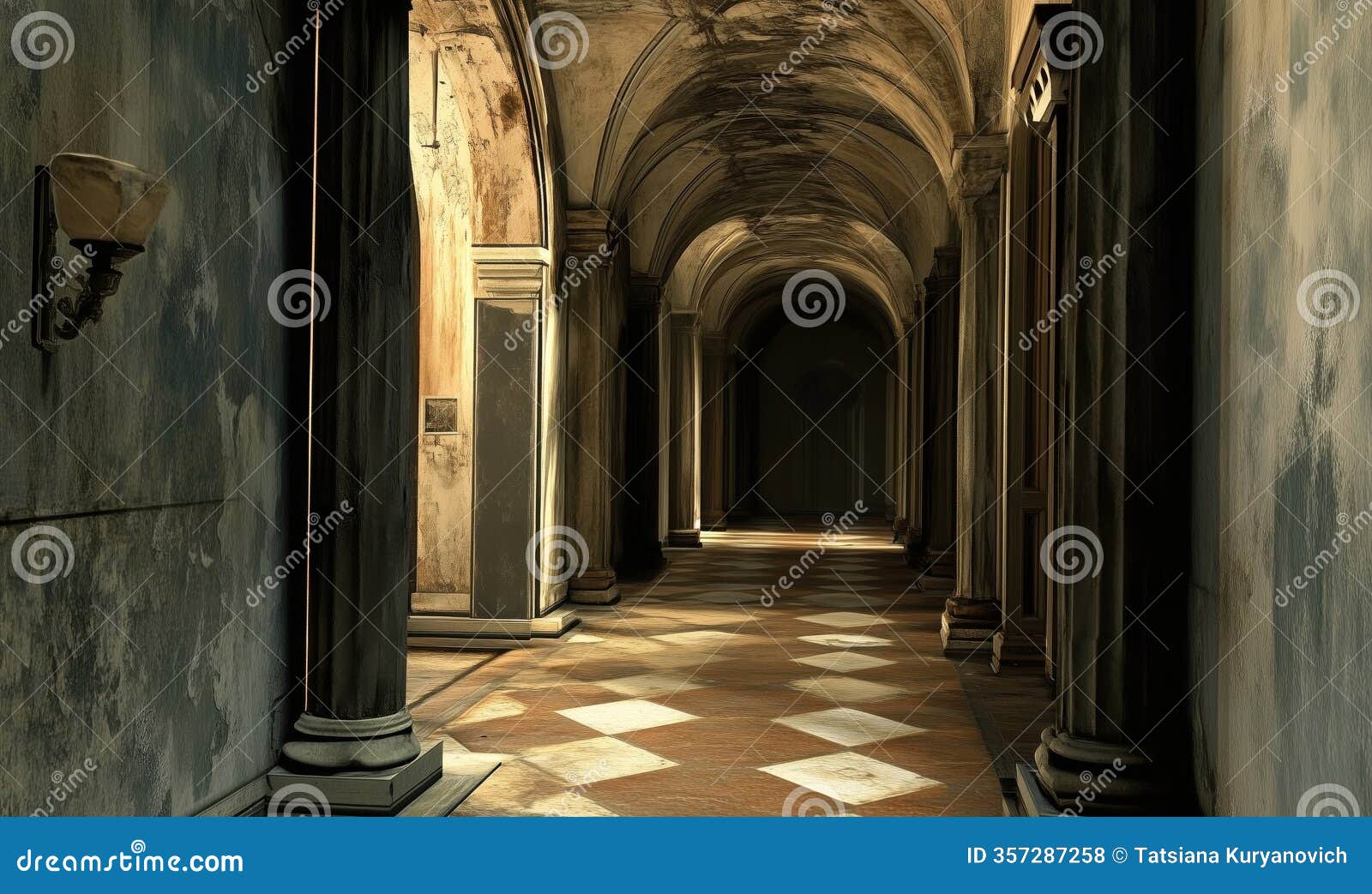 Abandoned Corridor with Classical Architecture, Weathered Walls, and ...