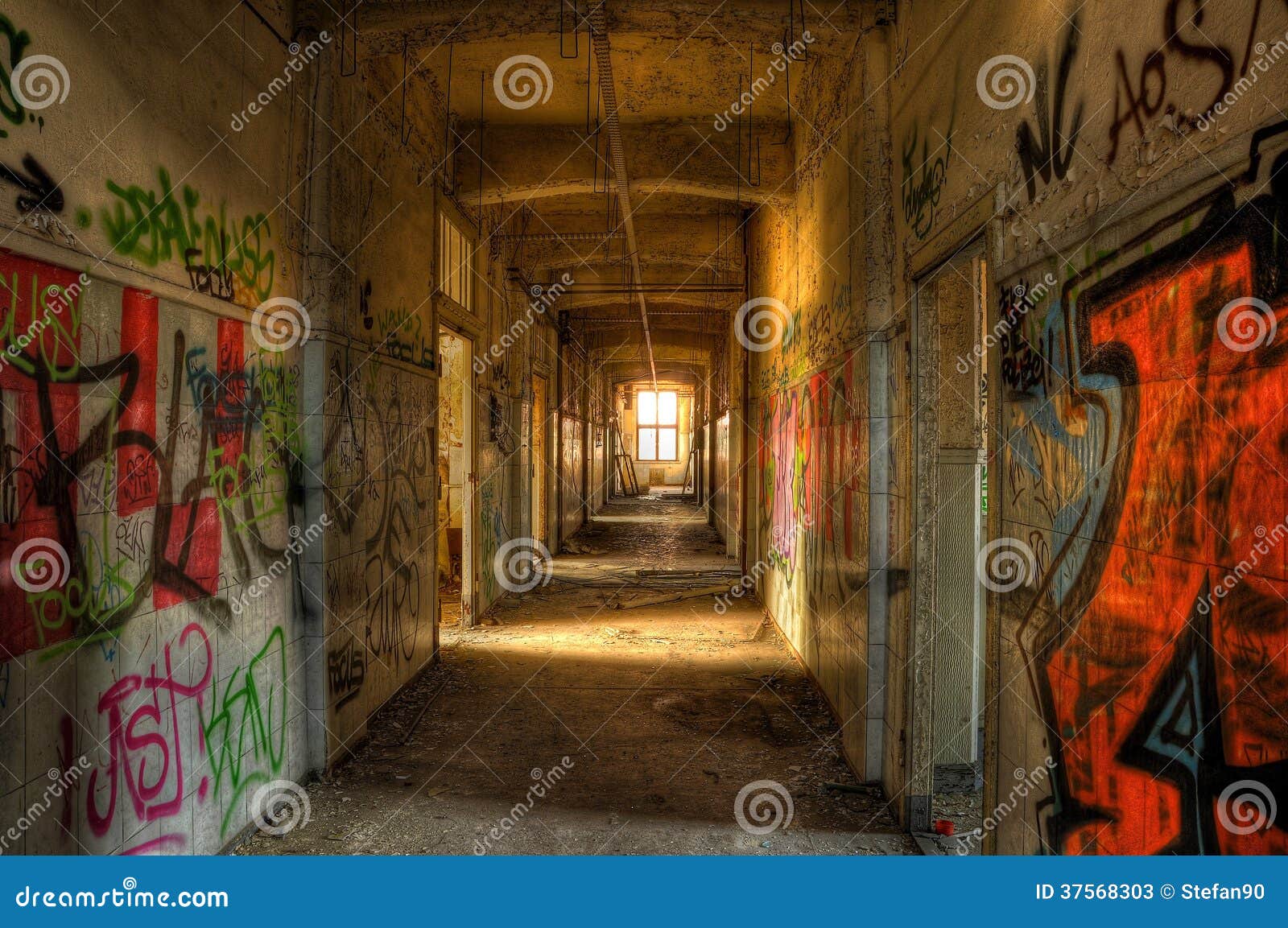 Abandoned Corridor with Graffiti Stock Image - Image of dramatic ...