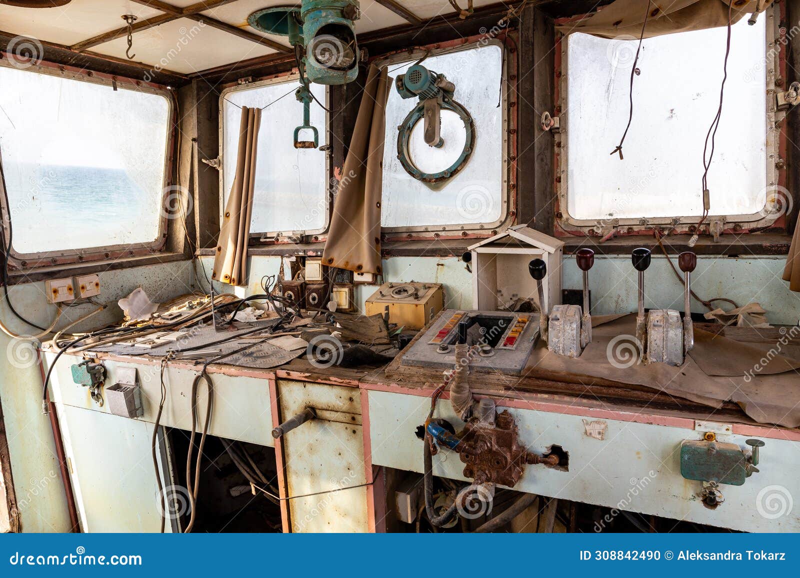 Abandoned and Demolished Cargo Ship Bridge Inside View with Throttle ...